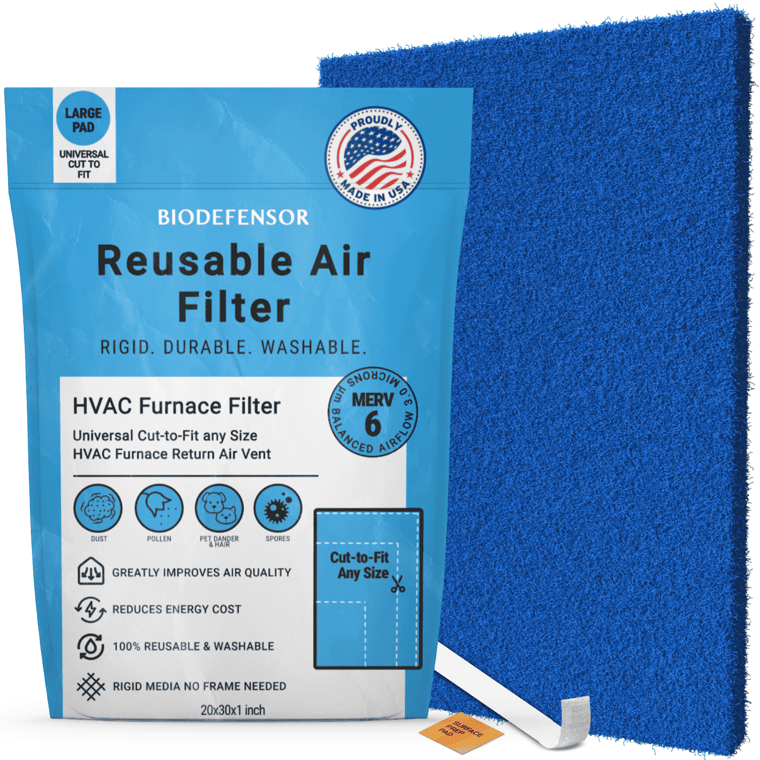Biodefensor HVAC Washable Reusable Furnace Filter, MERV 6, 20x30x1 Cut ...