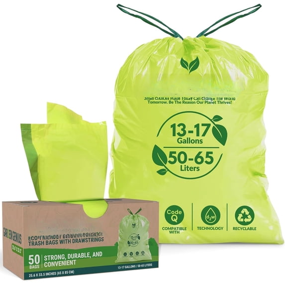 Biodegradable 13-17 Gallon Code-Q Trash Bags (50 Pack) | Heavy-Duty ...