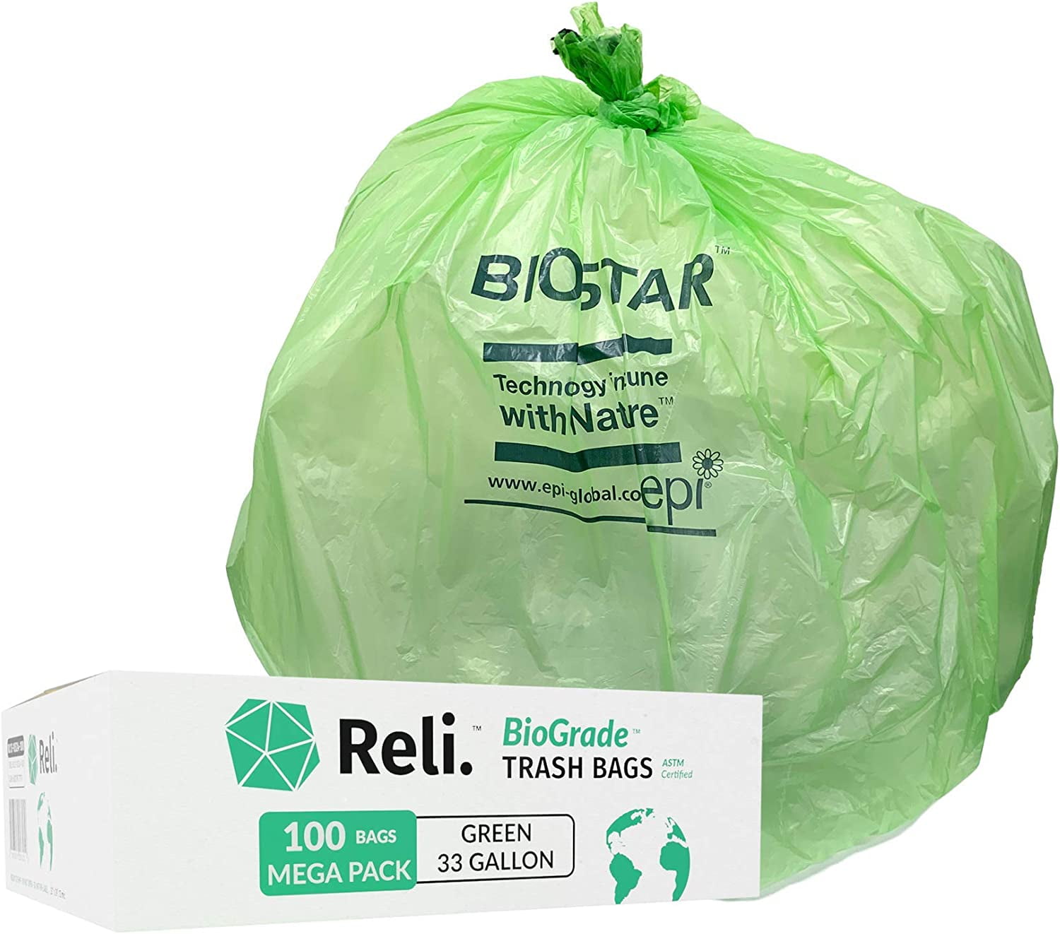 Biodegradable 33 Gallon Trash Bags, 100 Count, Green Eco Friendly ...