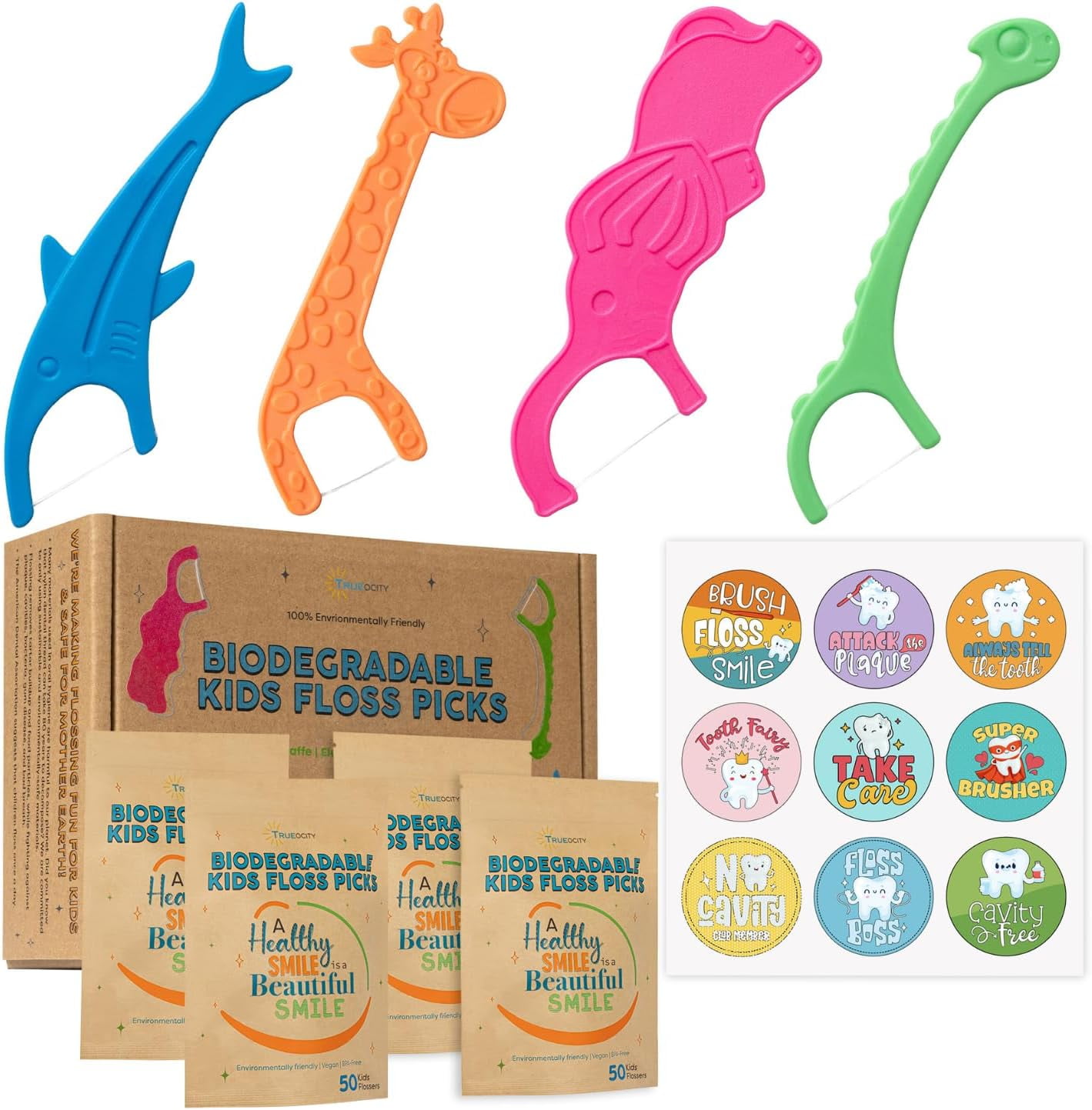 Biodegradable Kids Flossers -200 Pack, Natural Floss Picks, Fluoride ...