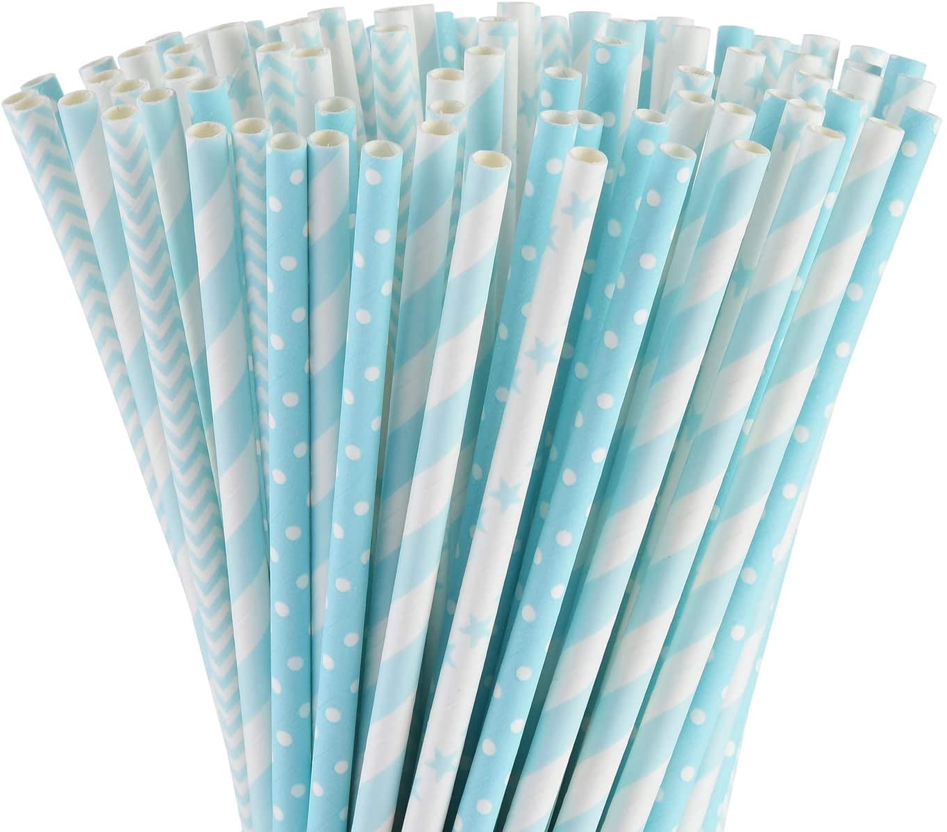 Biodegradable Light Blue White Paper Straws, Pack of 100 Party Straws ...