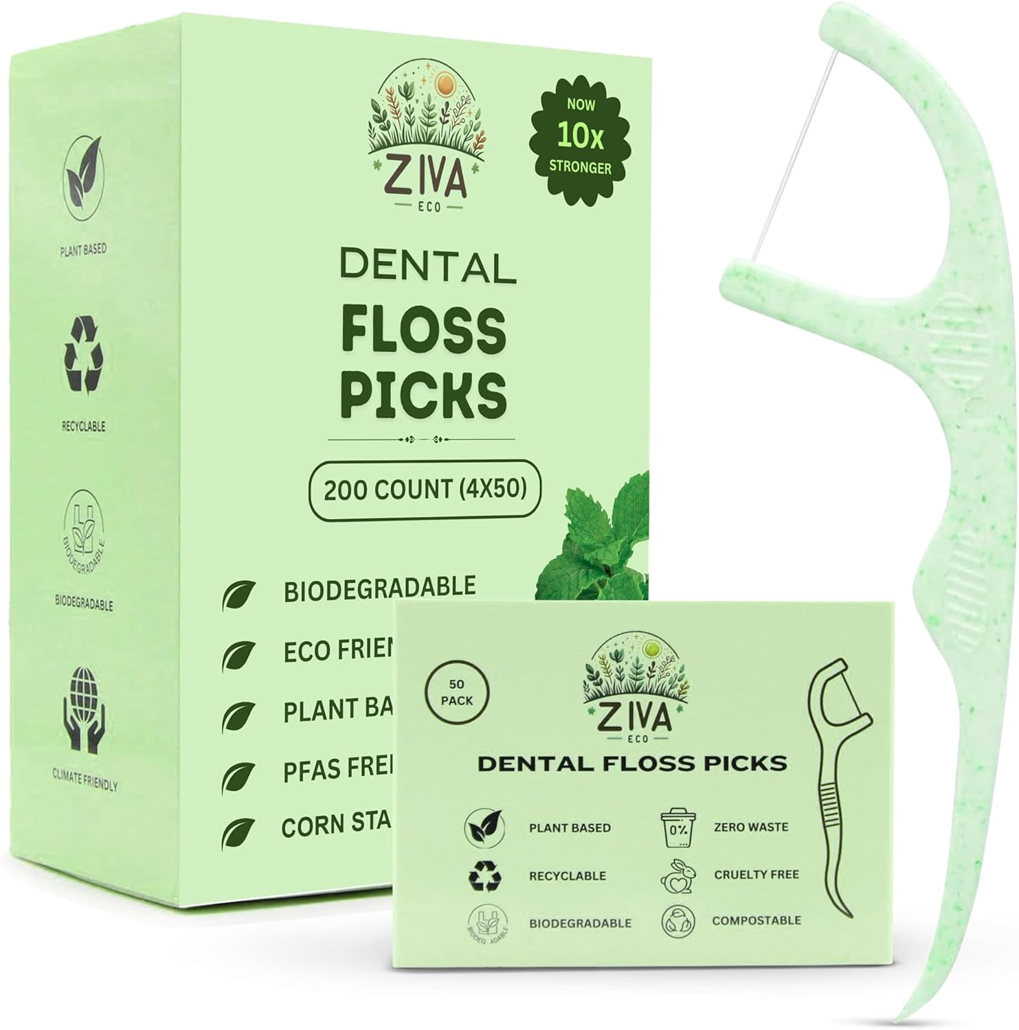 Biodegradable Mint Dental Floss Picks – 200 Count (4 Packs of 50 ...