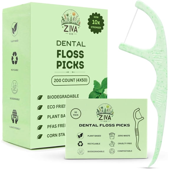 Biodegradable Mint Dental Floss Picks – 200 Count (4 Packs of 50 ...