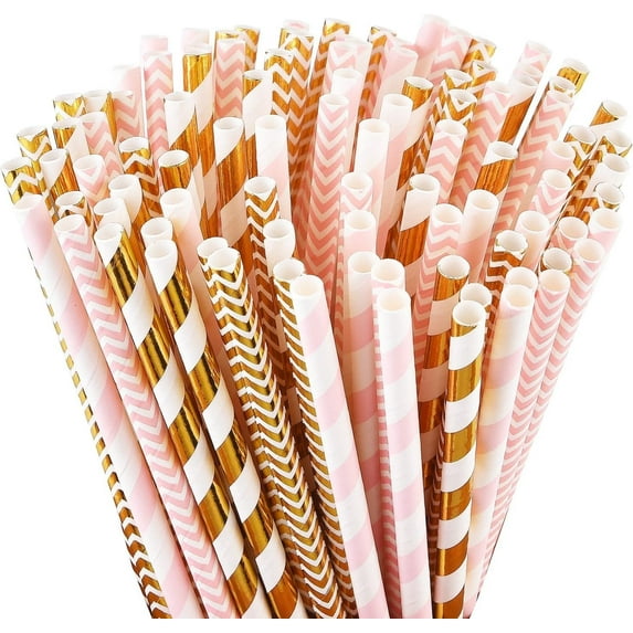 Biodegradable Paper Straws, 100 Pink and Gold Straws for Party Supplies ...