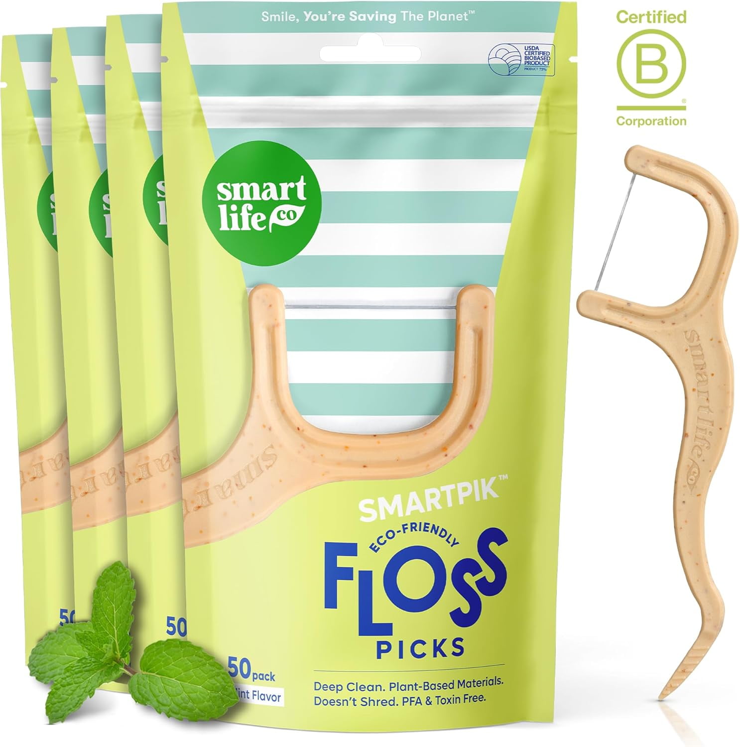 Biodegradable dental floss picks - eco-friendly handle, 200 wheat straw ...