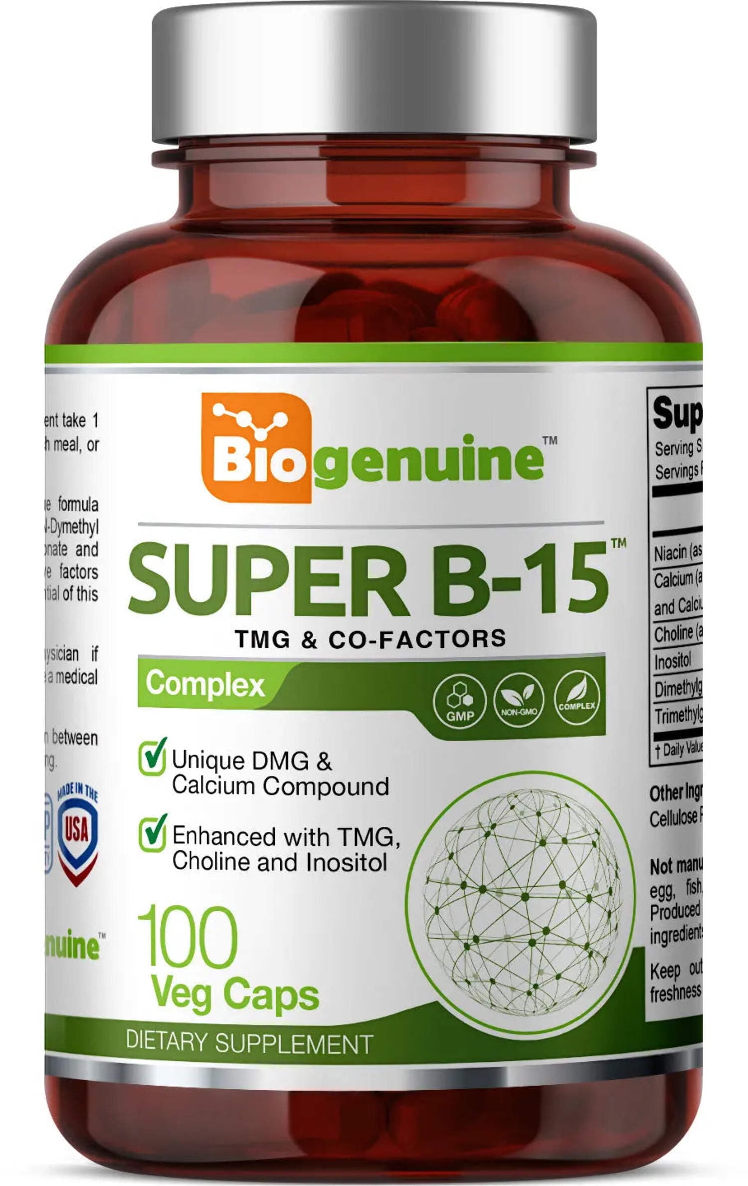 Biogenuine Super B-15 100 Vcaps - Niacin, Calcium, Choline, DMG & TMG ...