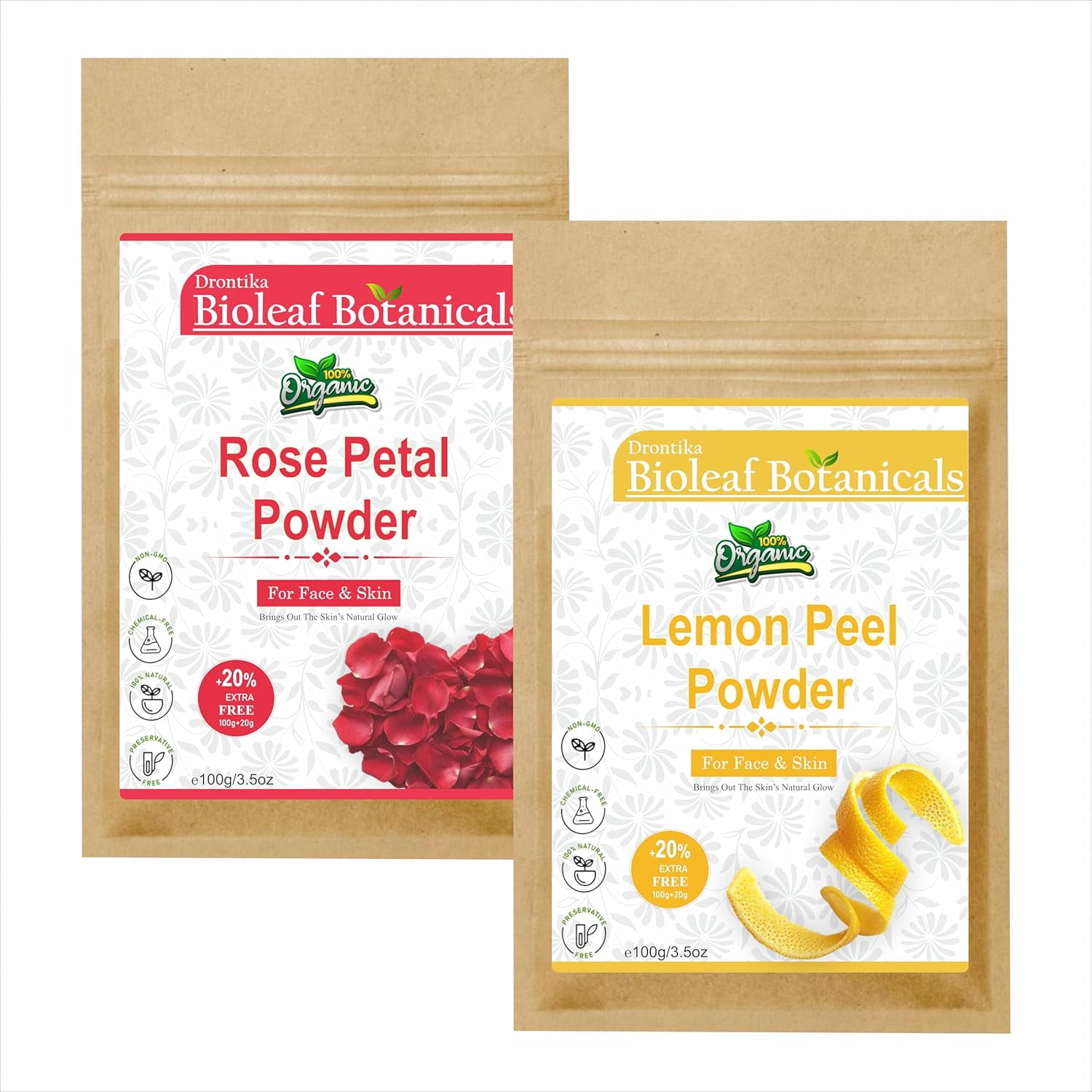 Bioleaf Botanicals Rose Petal Lemon Peel Powder 100 Natural Face Pack ...