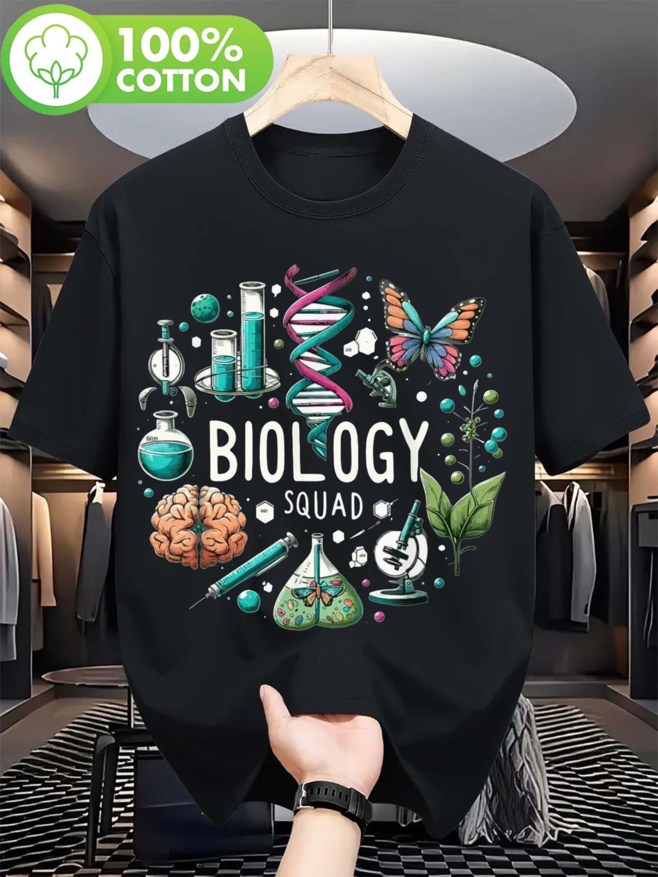 Biology Squad T-Shirt - 100% Cotton Crew Neck Tee with DNA, Beakers ...