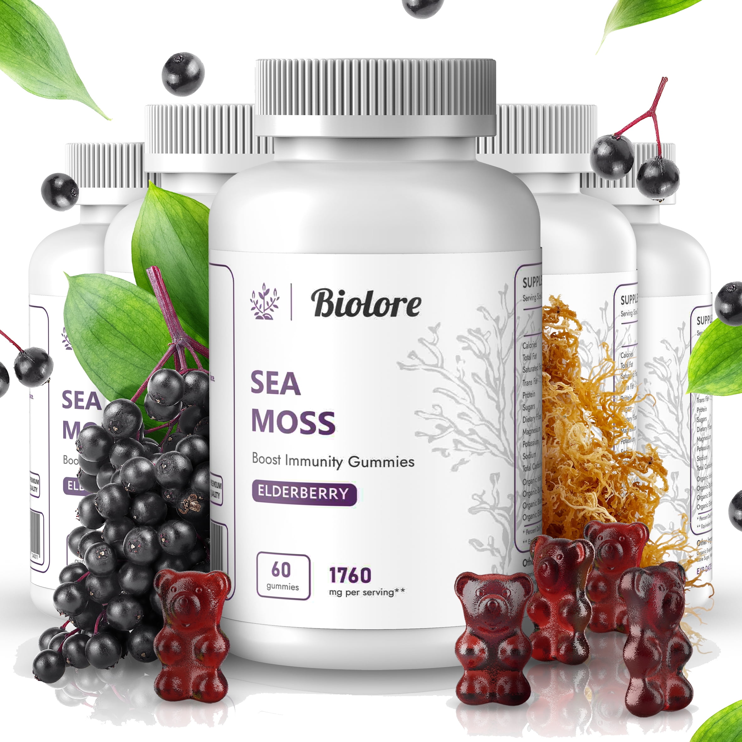 Biolore Sea Moss Gummies with Elderberry - 300 Pcs (5 Pack) Seamoss Gel Gummies - Contains Irish ...