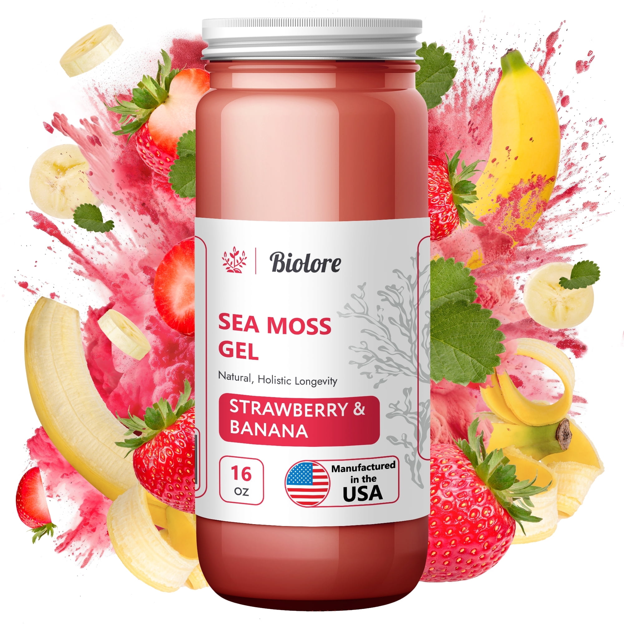 Biolore Wildcrafted Sea Moss Gel - Strawberry-Banana 16 oz, Irish Seamoss with Essential ...