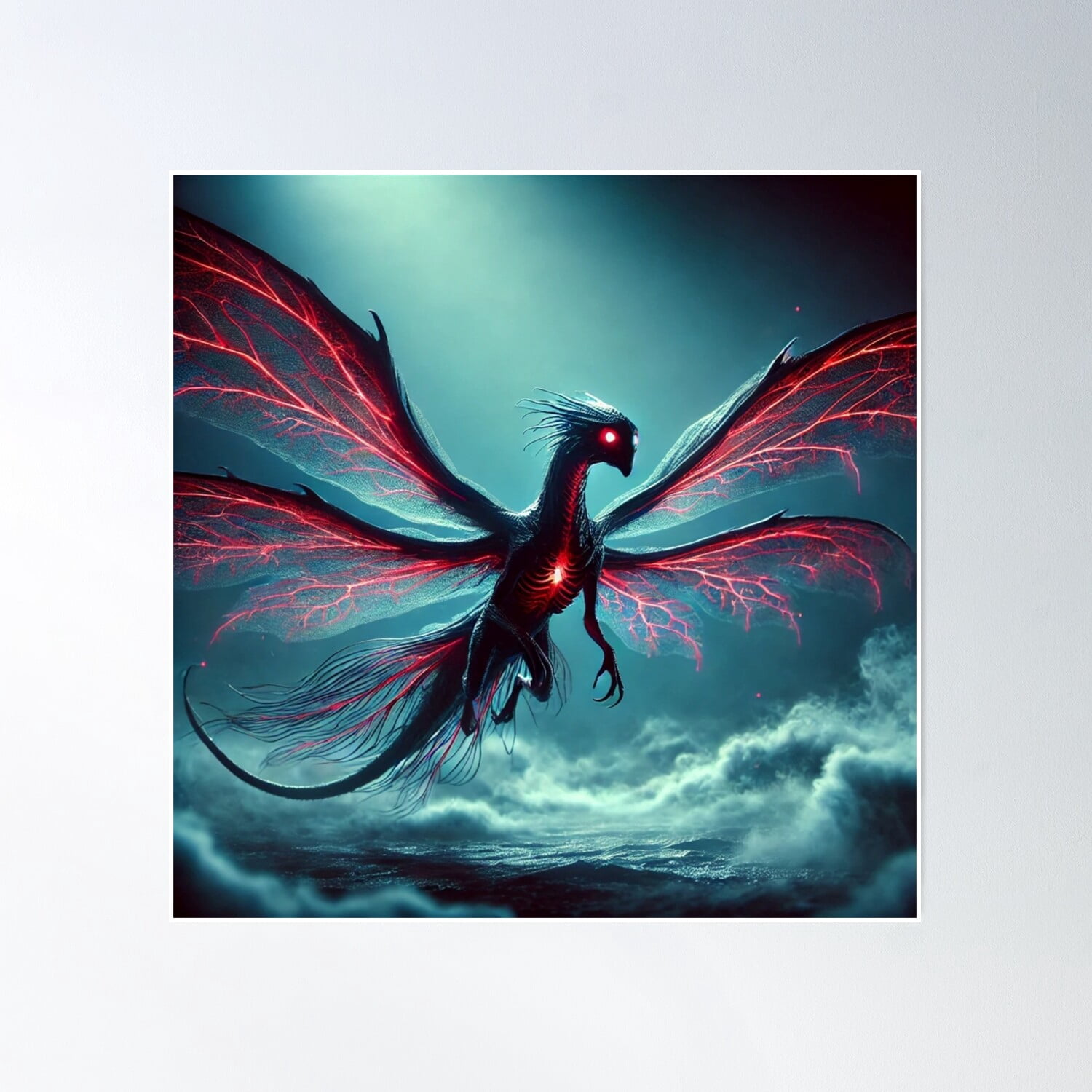 Bioluminescent Red Winged Mist Creature Poster Wall Art, Modern Wall ...