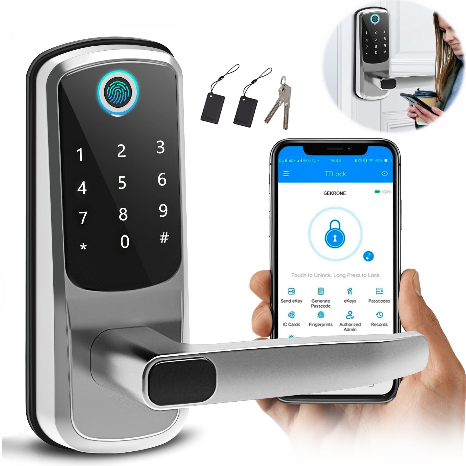 Biometric Fingerprint Digital Keypad Keyless Entry Code APP Smart Door ...