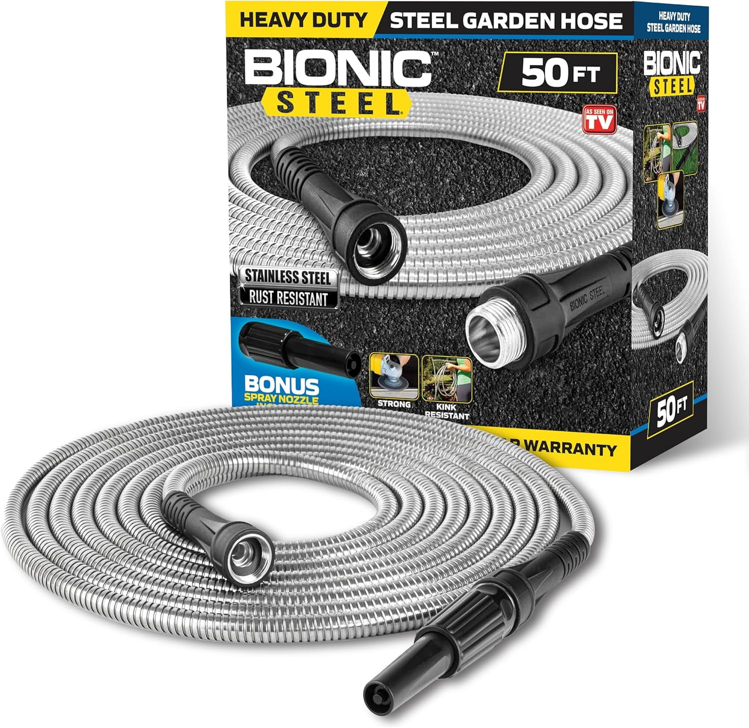 Bionic Steel 50Ft Garden Hose with Nozzle, 304 Stainless Steel Metal ...
