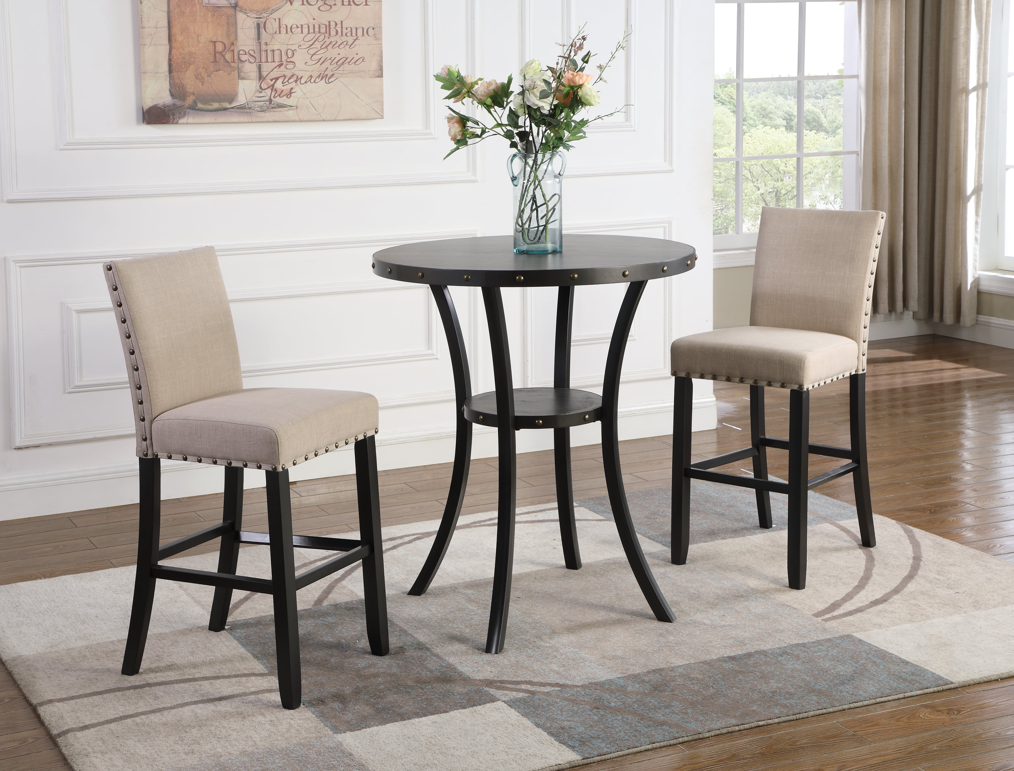 Biony 3-Piece 36" Round Espresso Finish Bar Table with 2 Tan Fabric Nail Head Pub Chairs ...