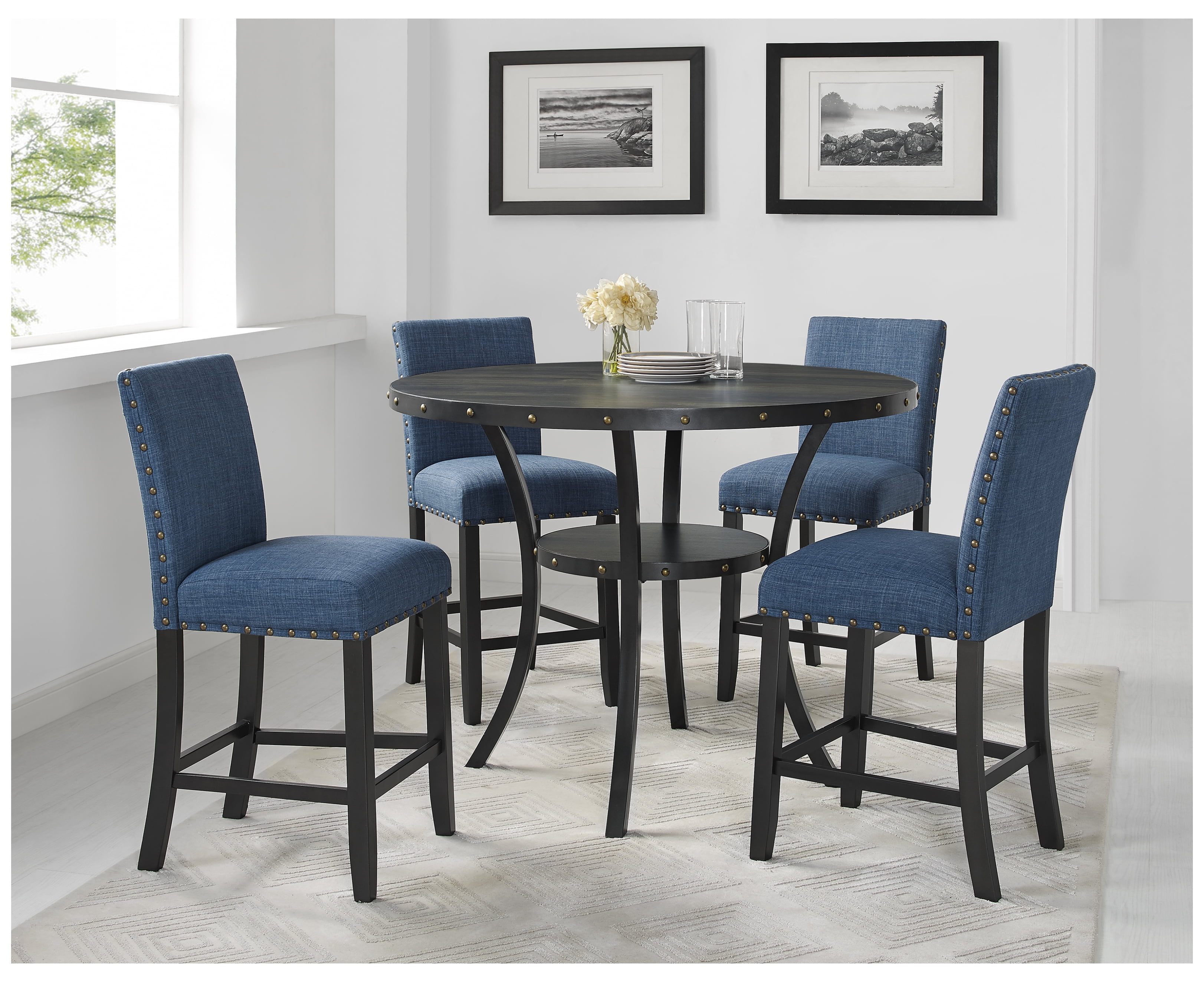 Biony Blue Fabric Counter Height Stools with Nailhead Trim, Set of 2 - Walmart.com