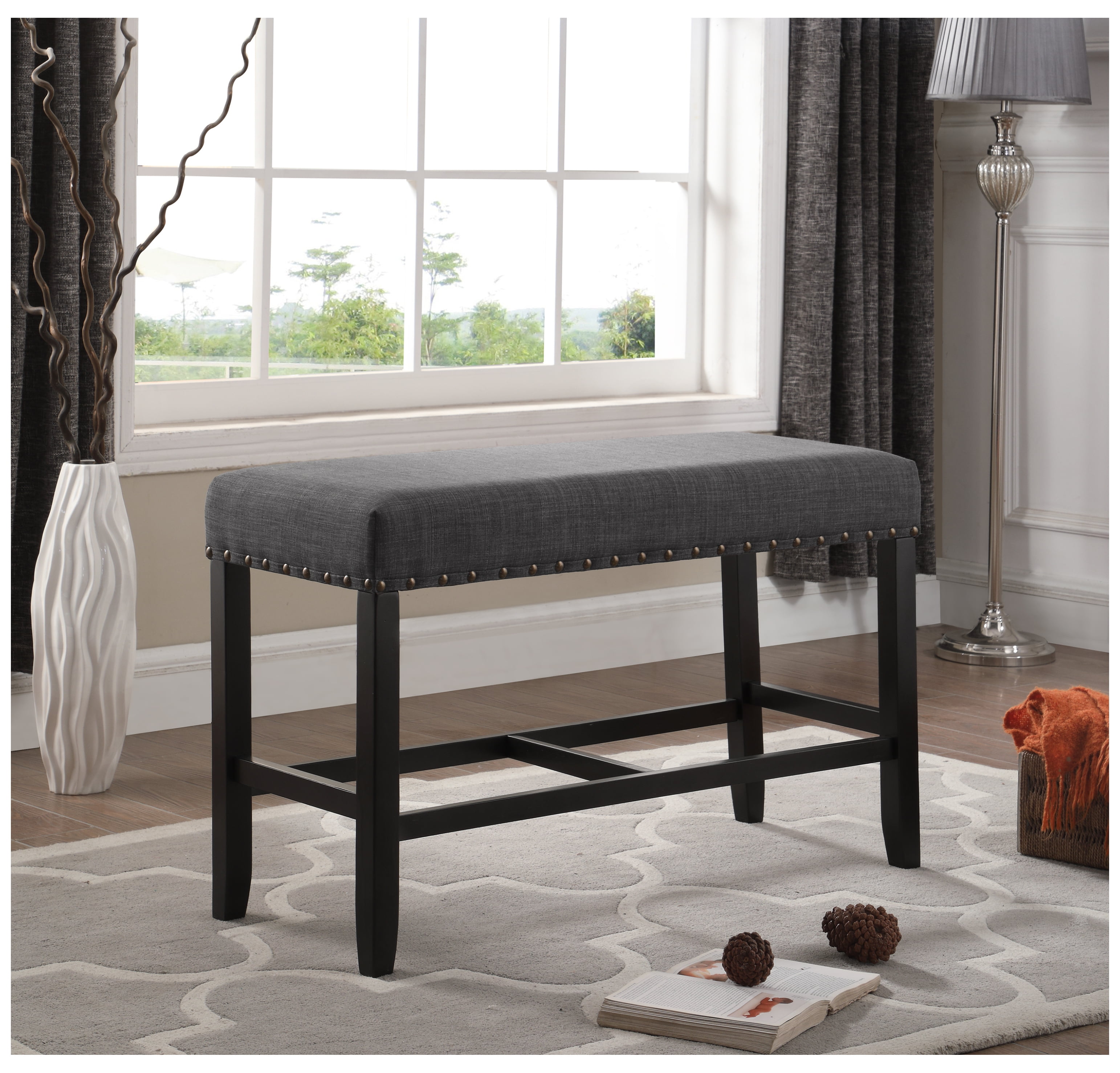 Biony Counter Height Dining Chair - Grey Fabric Upholstery with Nailhead Trim, Solid Hardwood ...