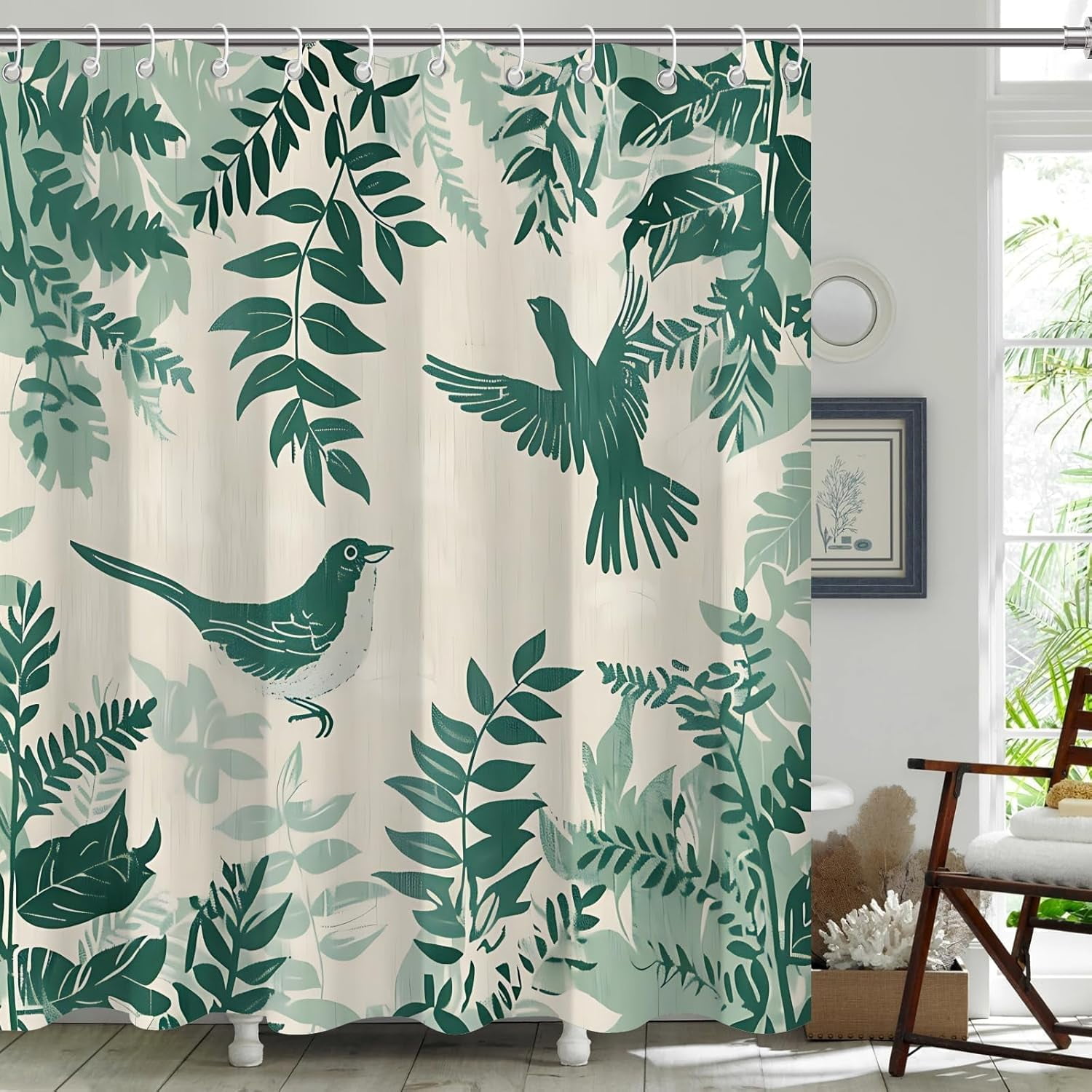 Biophilic Bird Shower Curtain - White Bathroom Decor with Floating ...