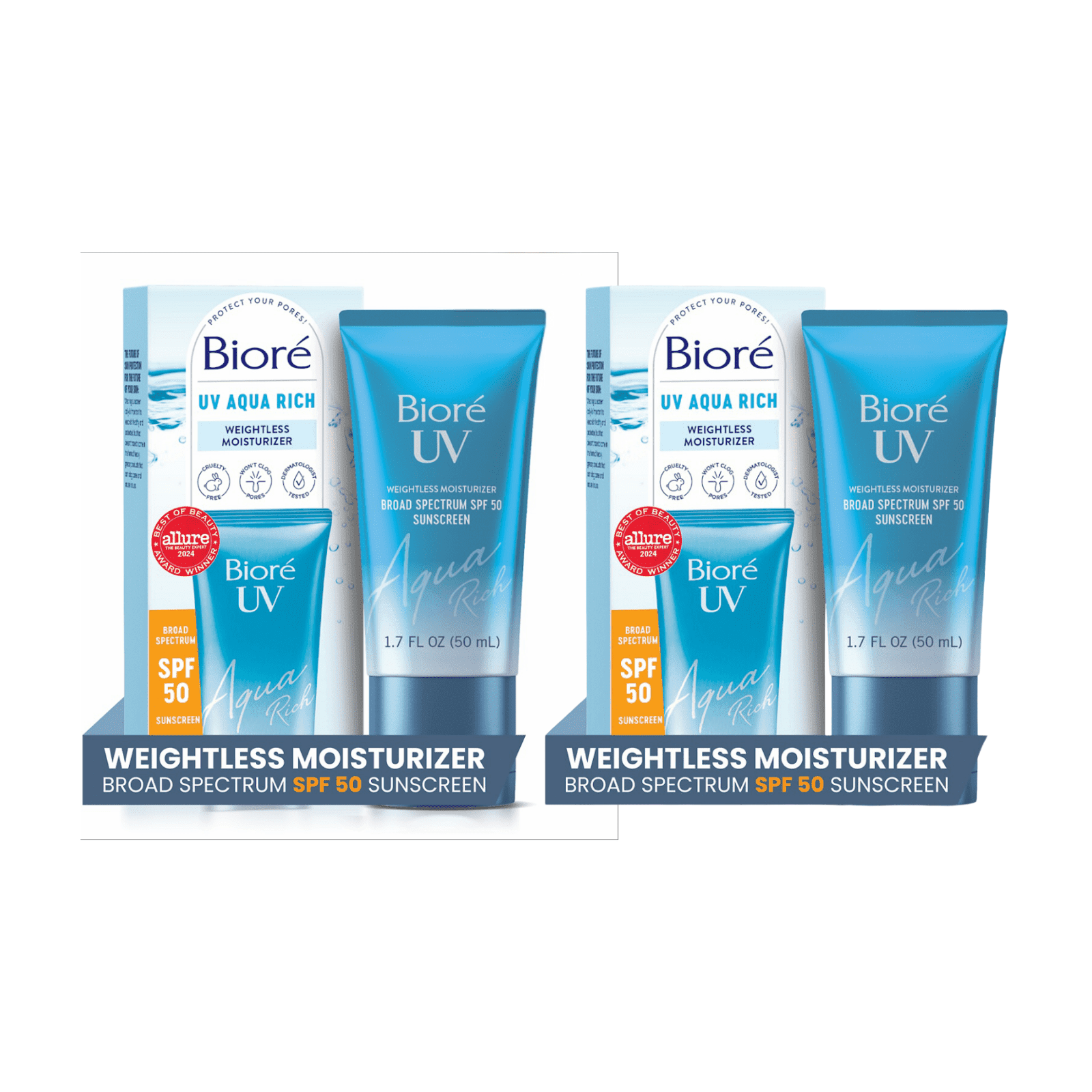 Biore UV Aqua Rich Daily Hydrating Facial Moisturizer Sunscreen, SPF 50, PA++++, 1.7 oz (2-Pack ...