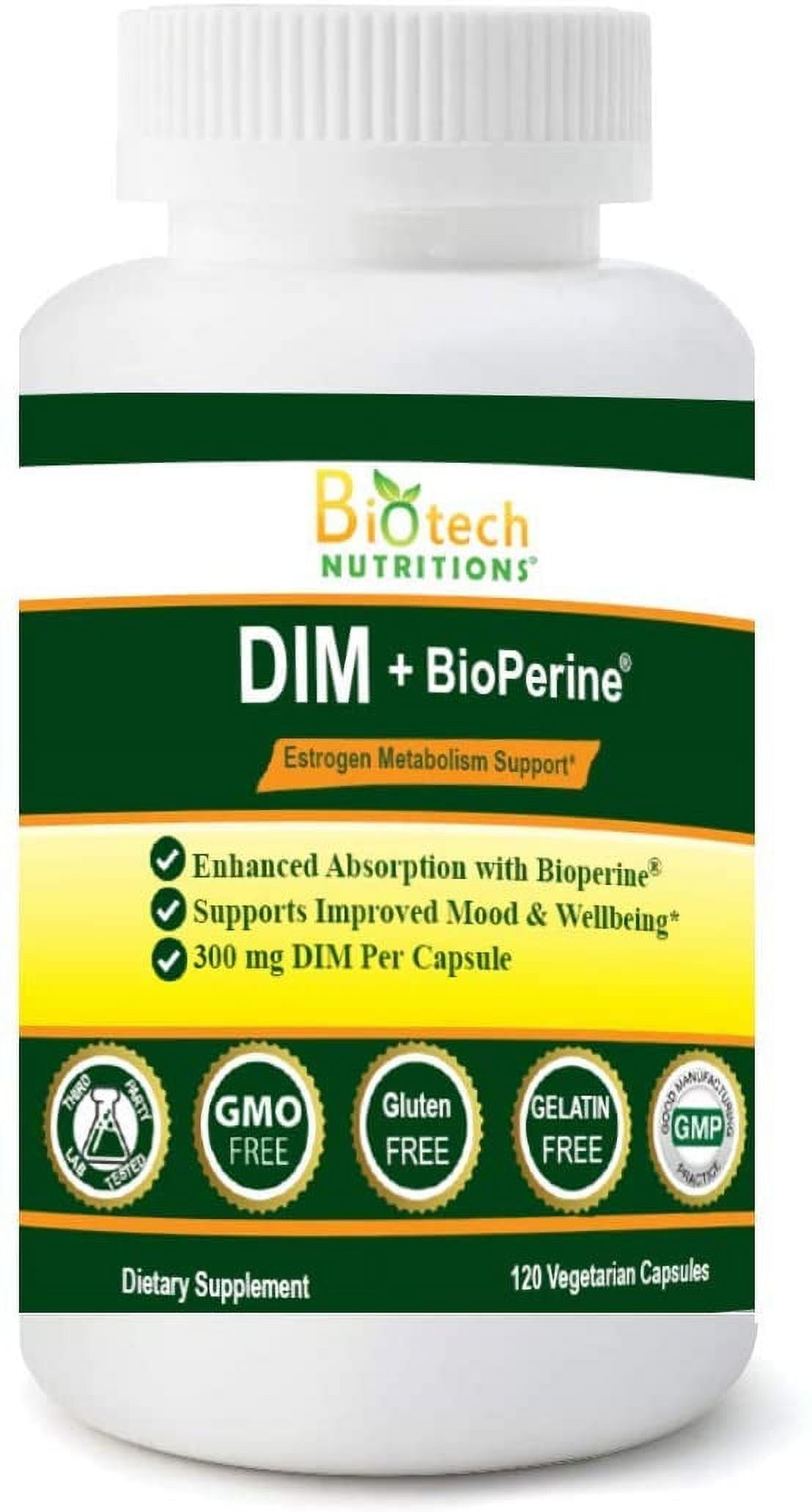 Biotech Nutritions DIM Supplement 300 mg Plus BioPerine 120 Vegetable ...