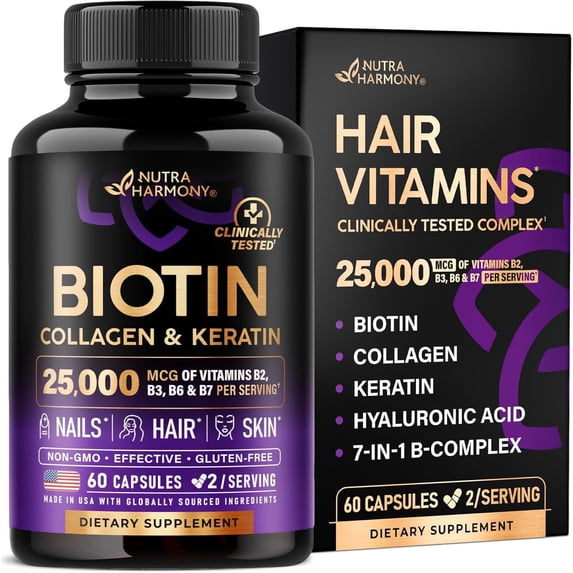 NUTRAHARMONY Biotin Collagen Keratin Capsules, 25000 mcg Vitamins, Hair ...