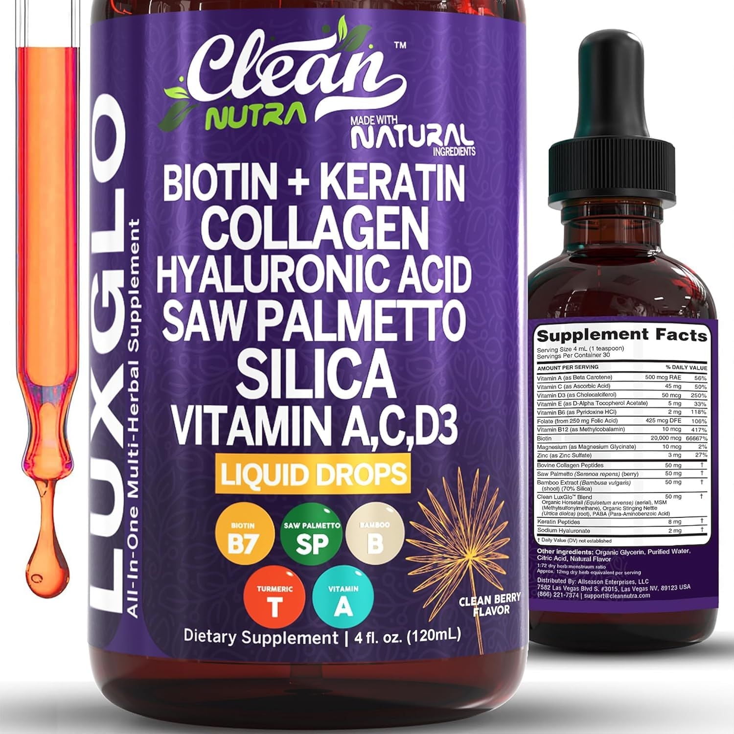 Biotin Liquid Drops Collagen Keratin Hyaluronic Acid Saw Palmetto for ...
