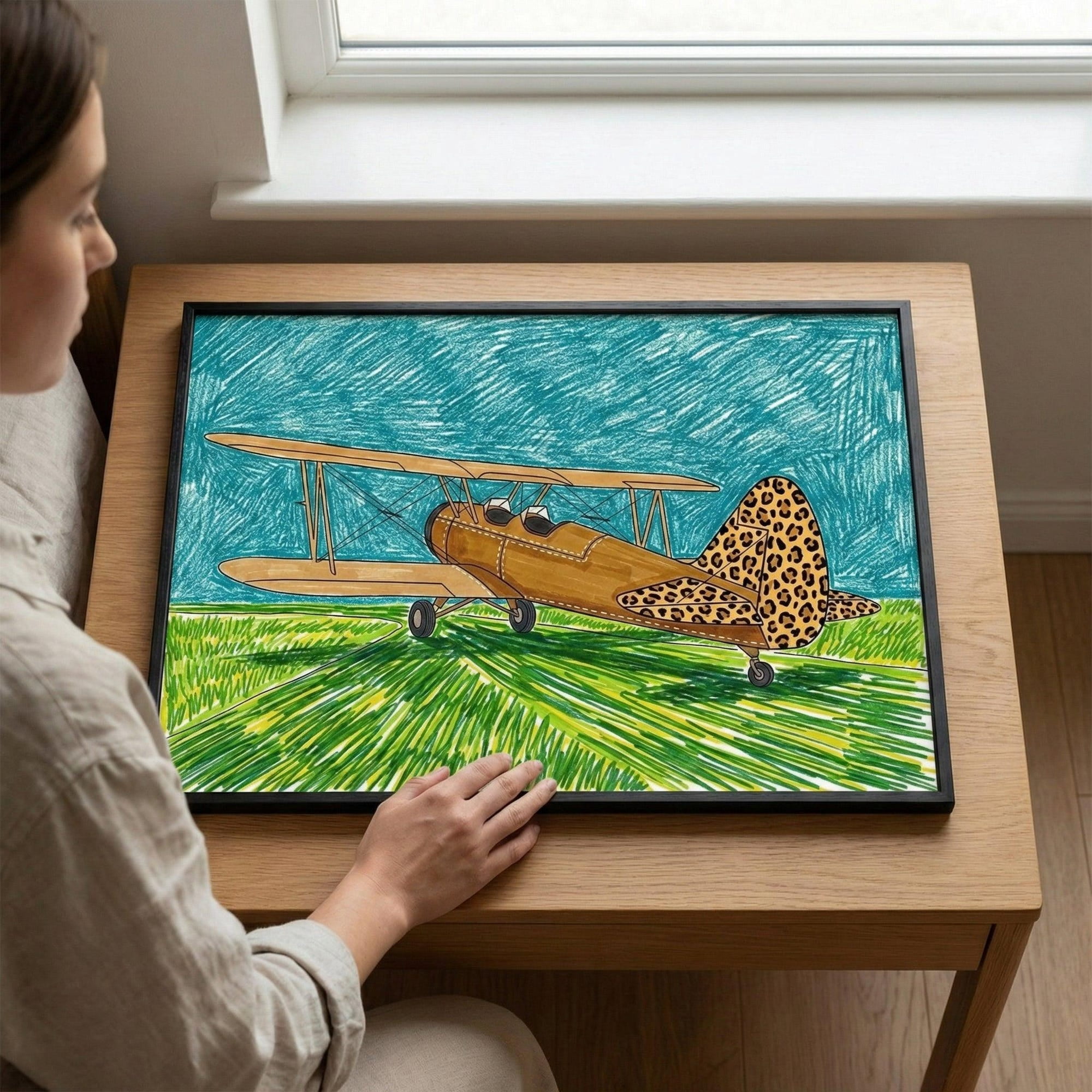 Biplane Leopard Print Accents Wall Art Retro Aviation Illustration ...
