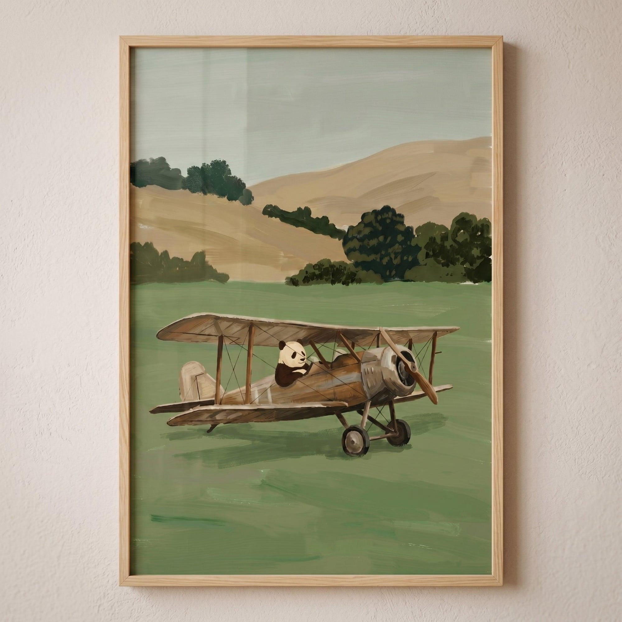 Biplane Pilot Panda Wall Art Aviation Nursery Decor Whimsical Animal ...