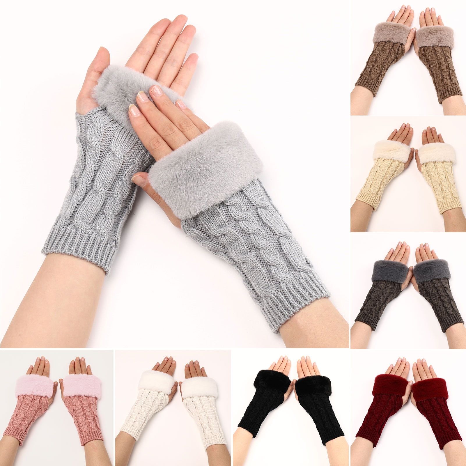 Biplut 1 Pair Knitted Gloves Fuzzy Fingerless Stretchy Thumb Hole Soft ...
