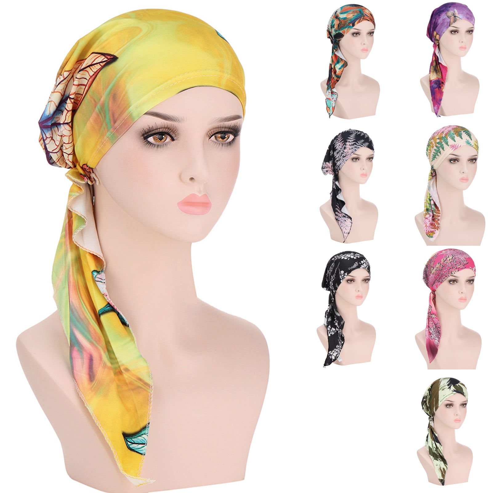 Biplut Floral Print Pre Tied Headscarf Cap Women Tassel Stretchy Head ...