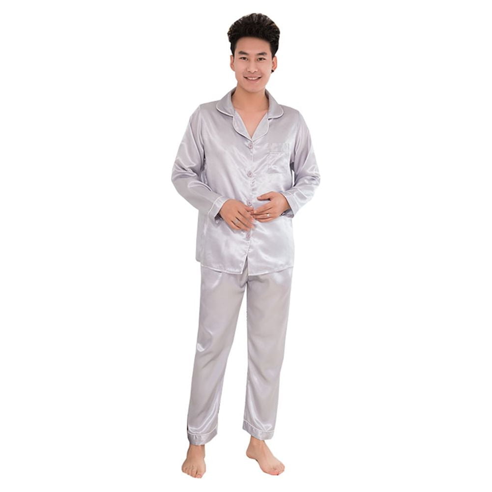 Biplut Silk Satin Men Pajamas Set Fashion Sleepwear Couple Solid Color ...