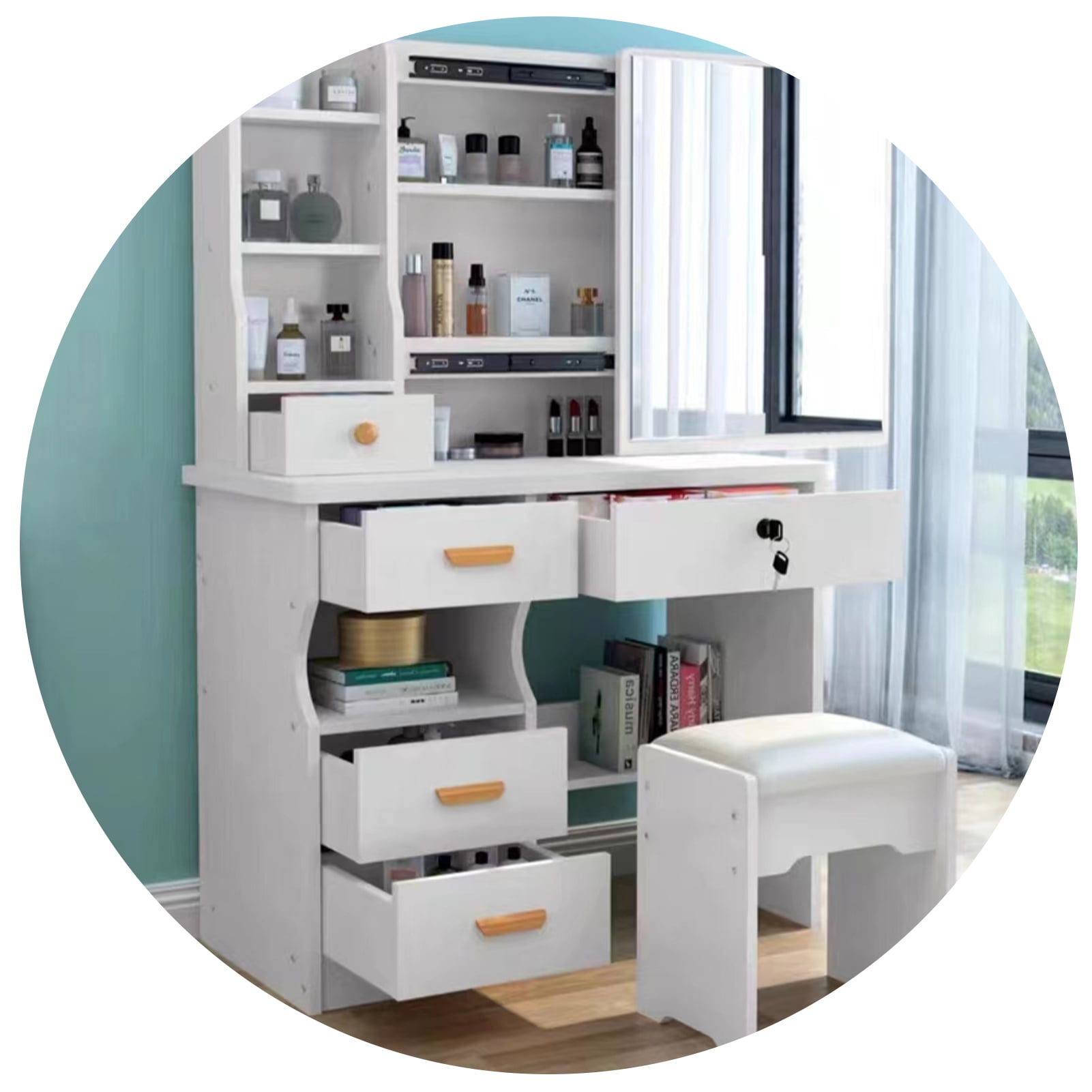 Biplut Bedroom Vanity Desk with Sliding Mirror, 5 Drawers, Shelves ...
