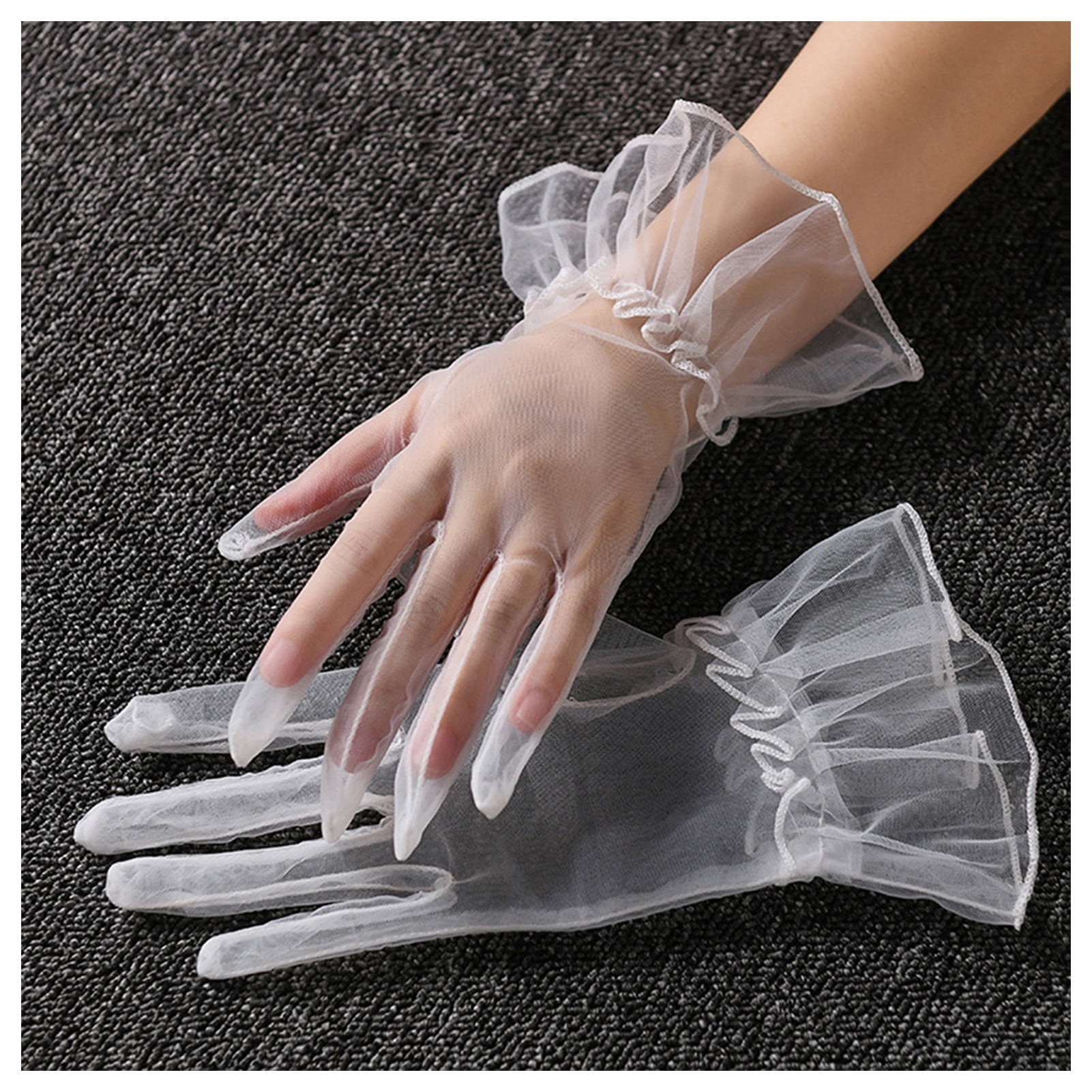 Biplut Women Wedding Gloves See-through Ultrathin Shirring Ruffle Lace ...