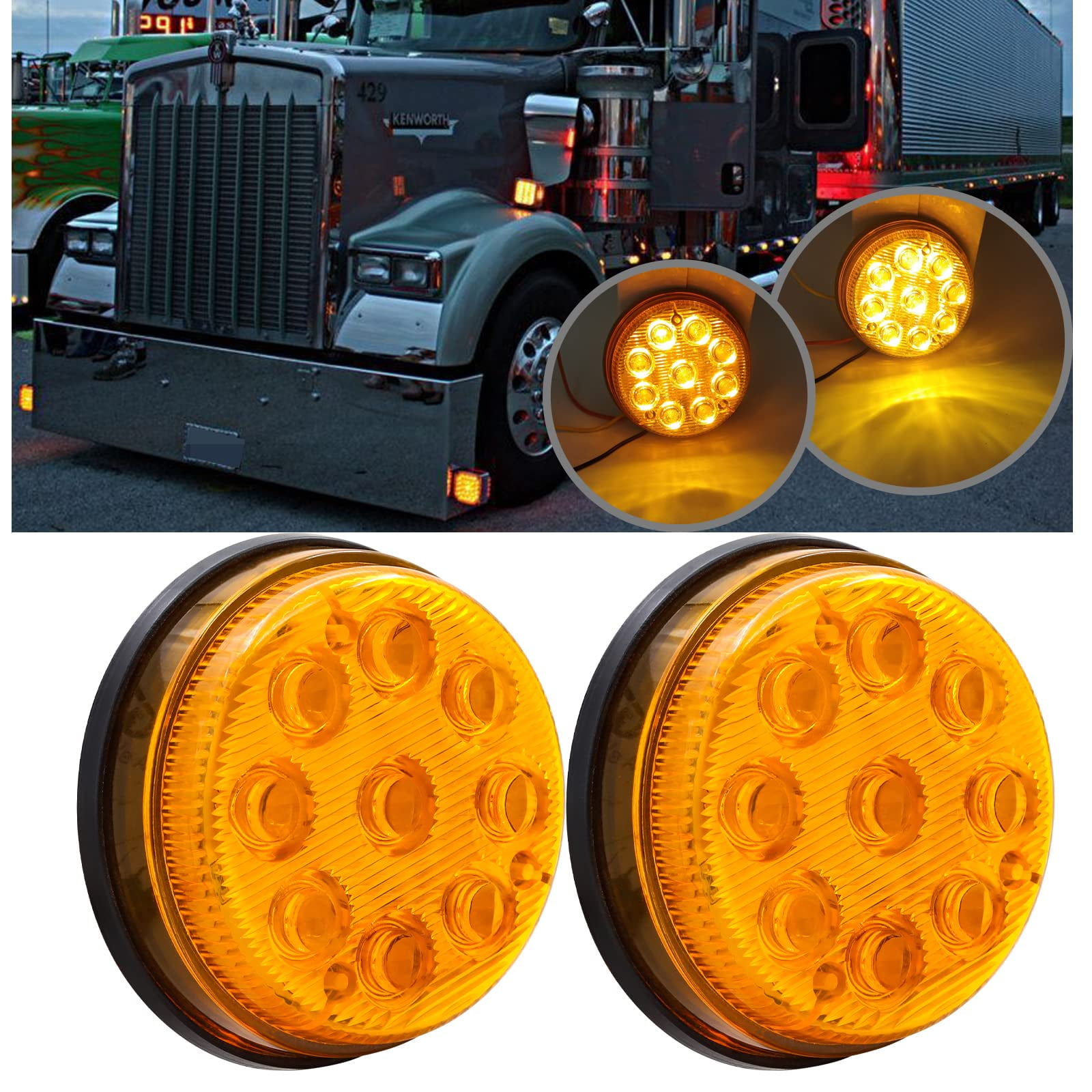 Biqing [High/Low Beam] 2PCS 3 Inch Round Marker Lights Amber,24V Side Lights 9-LED Front Rear ...