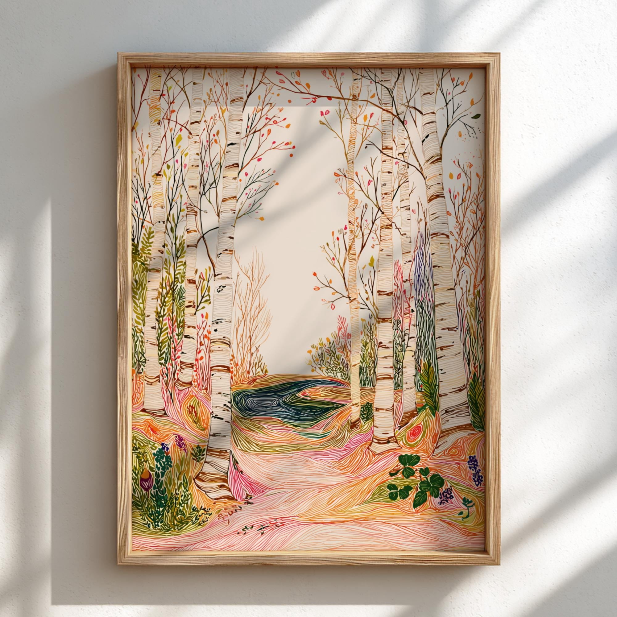 Birch Awakening Pastel Forest Landscape Poster Whimsical Nature Wall ...