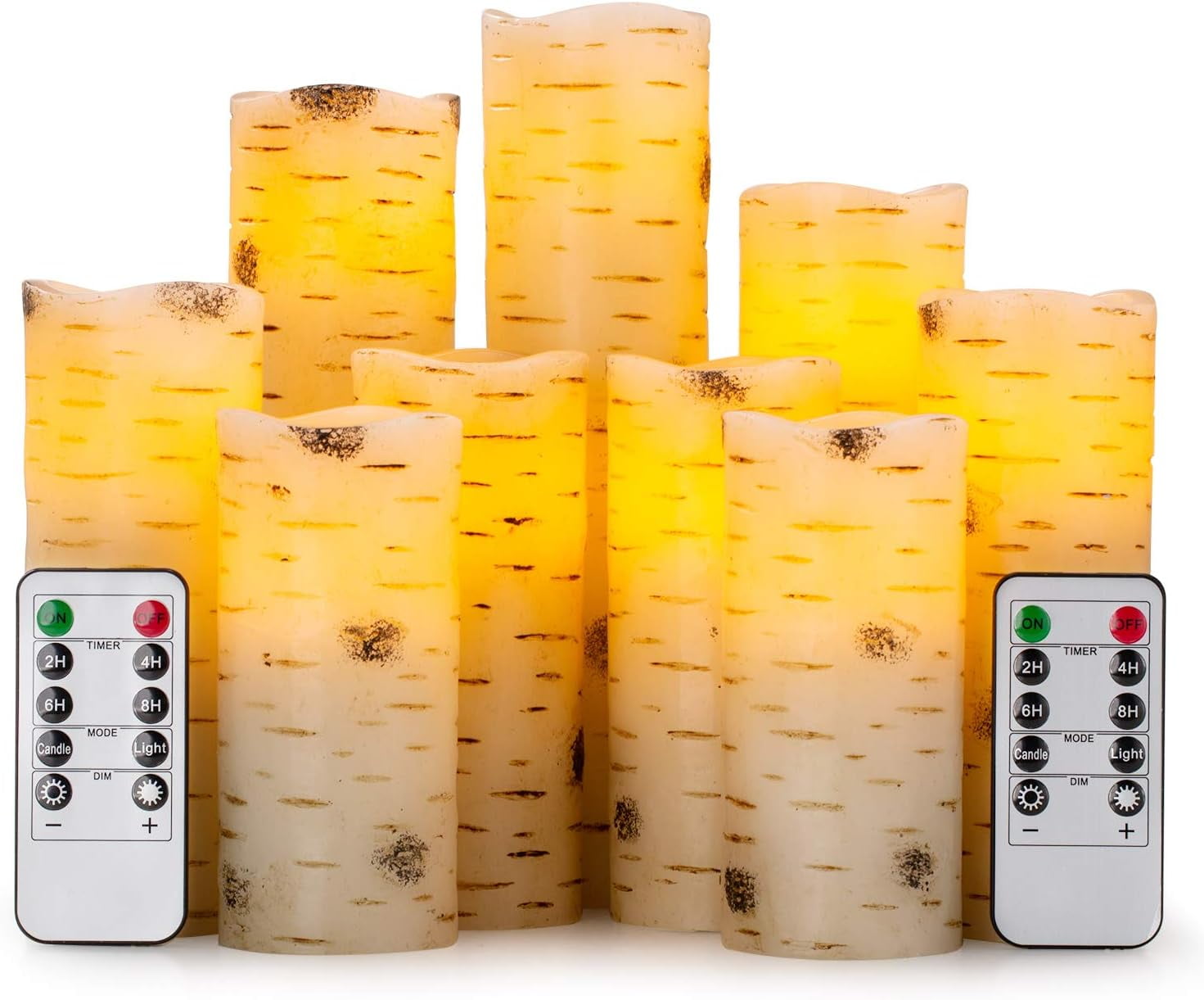 Birch Bark Effect Flameless Flickering LED Candles - Set of 9 Battery ...