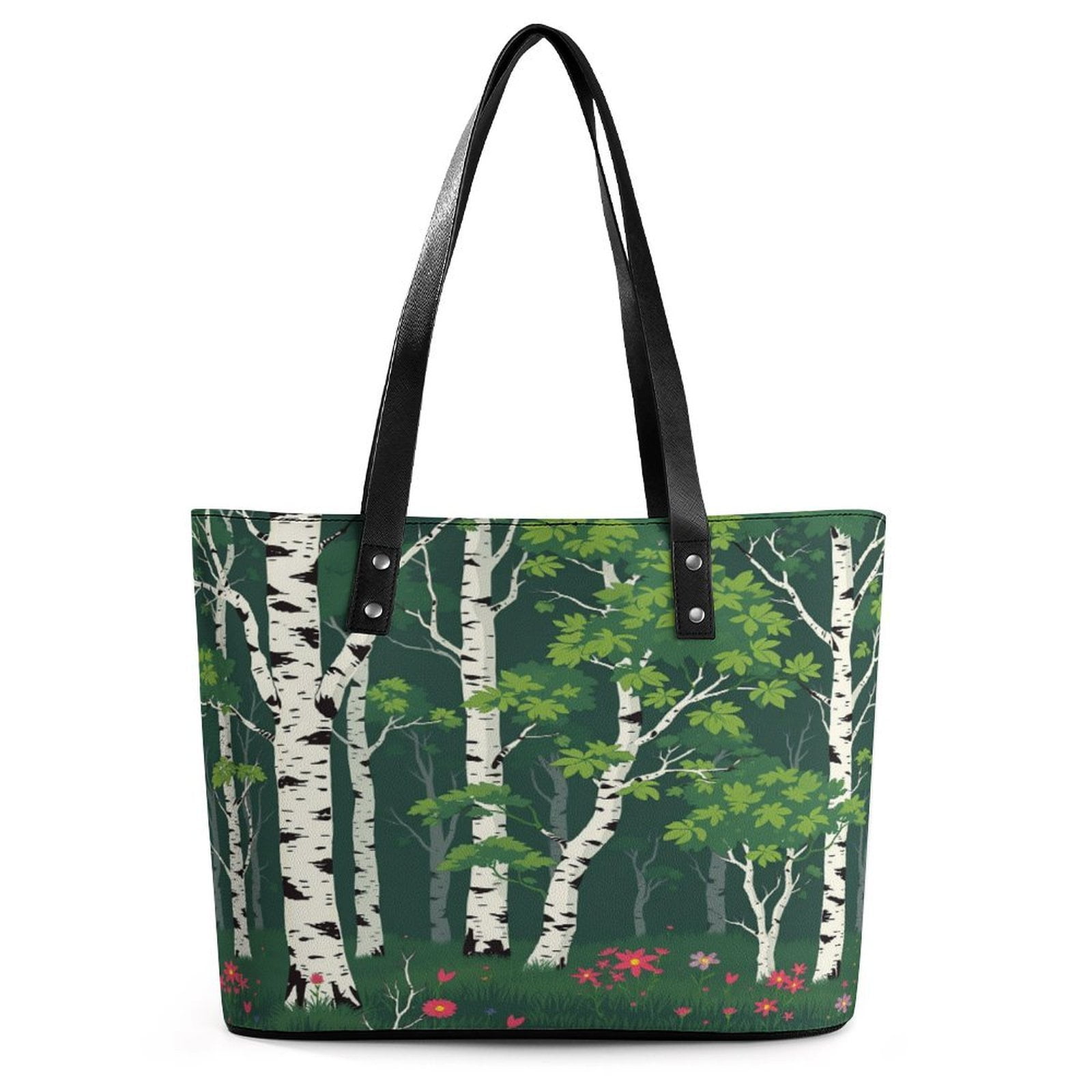 Birch Forest Flowers Handbags PU Leather Shoulder Bag Tote Bag Top ...