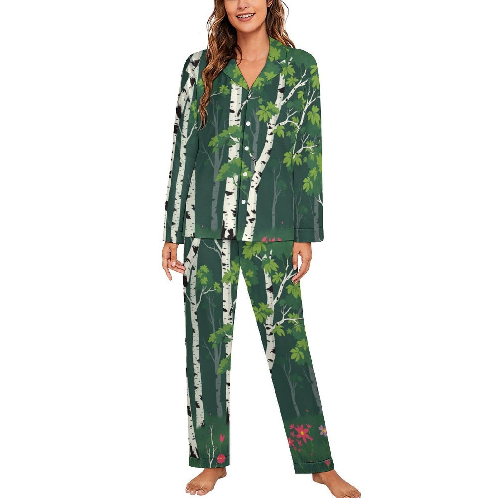 Birch Forest Flowers Pajamas Night V Neck Nightwear Lady Two Piece Long ...