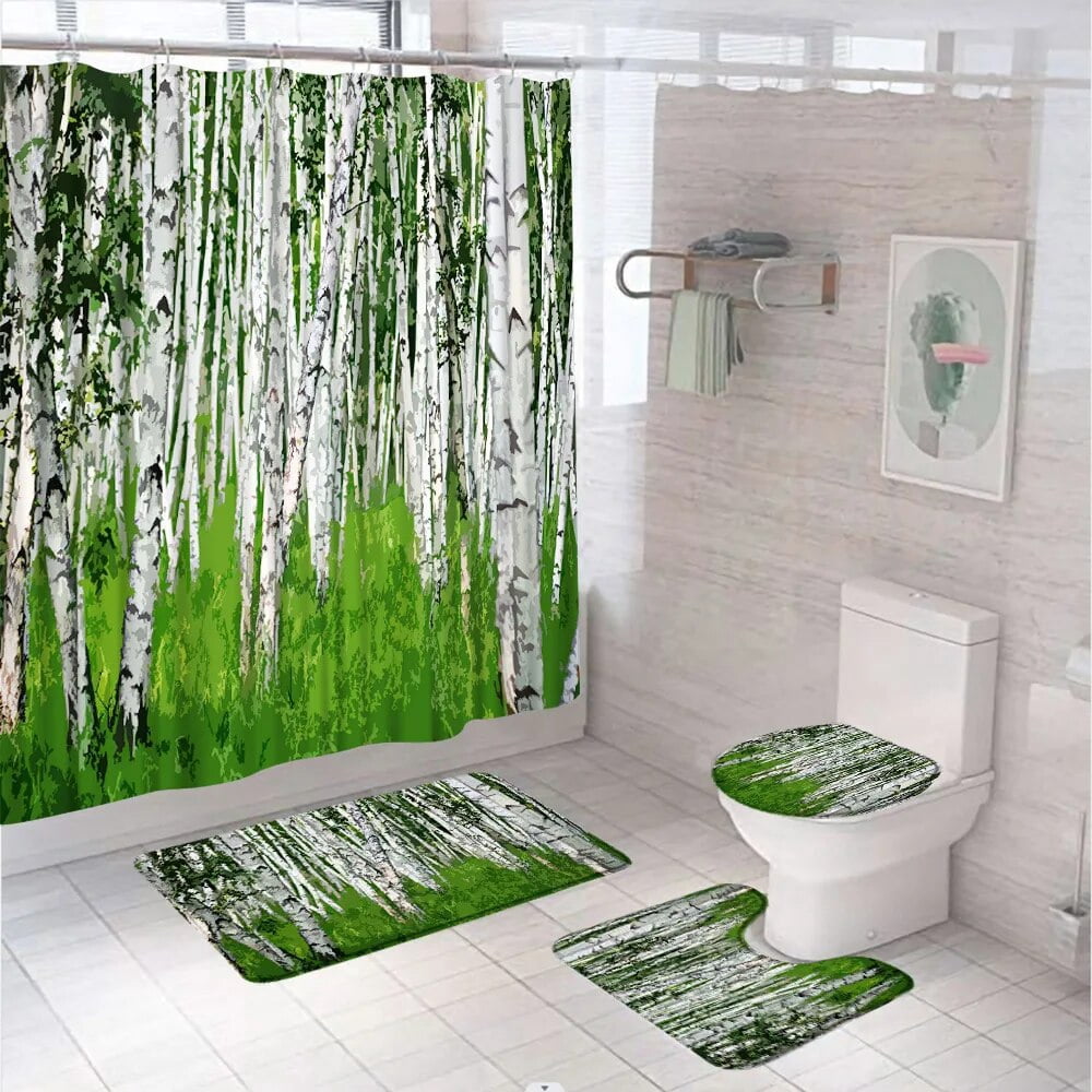 Birch Forest Shower Curtain Set Autumn Tree Woodland Purple Flower ...
