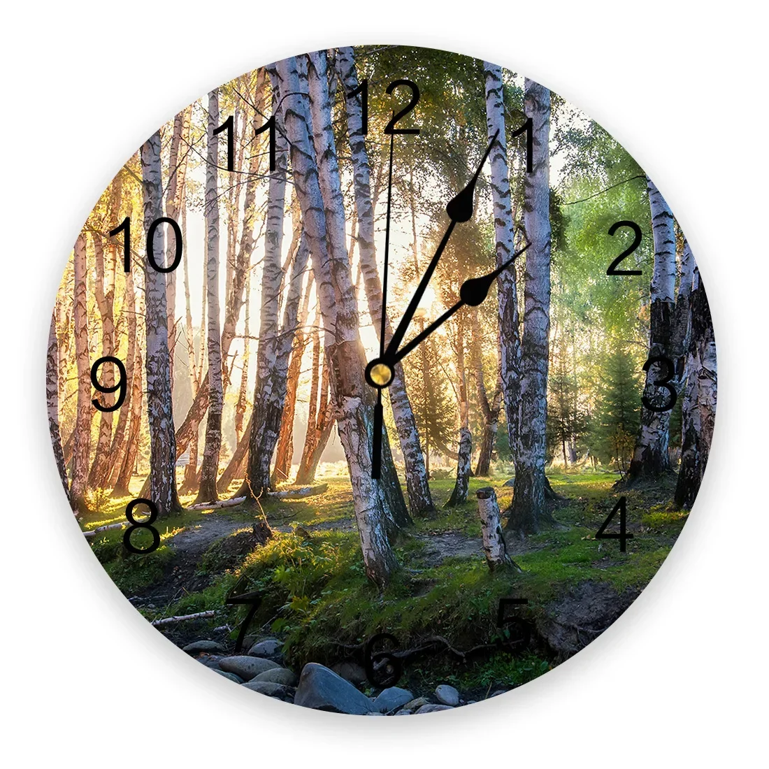 Birch Forest Woods Early Morning Round Wall Clock Creative Home Decor ...