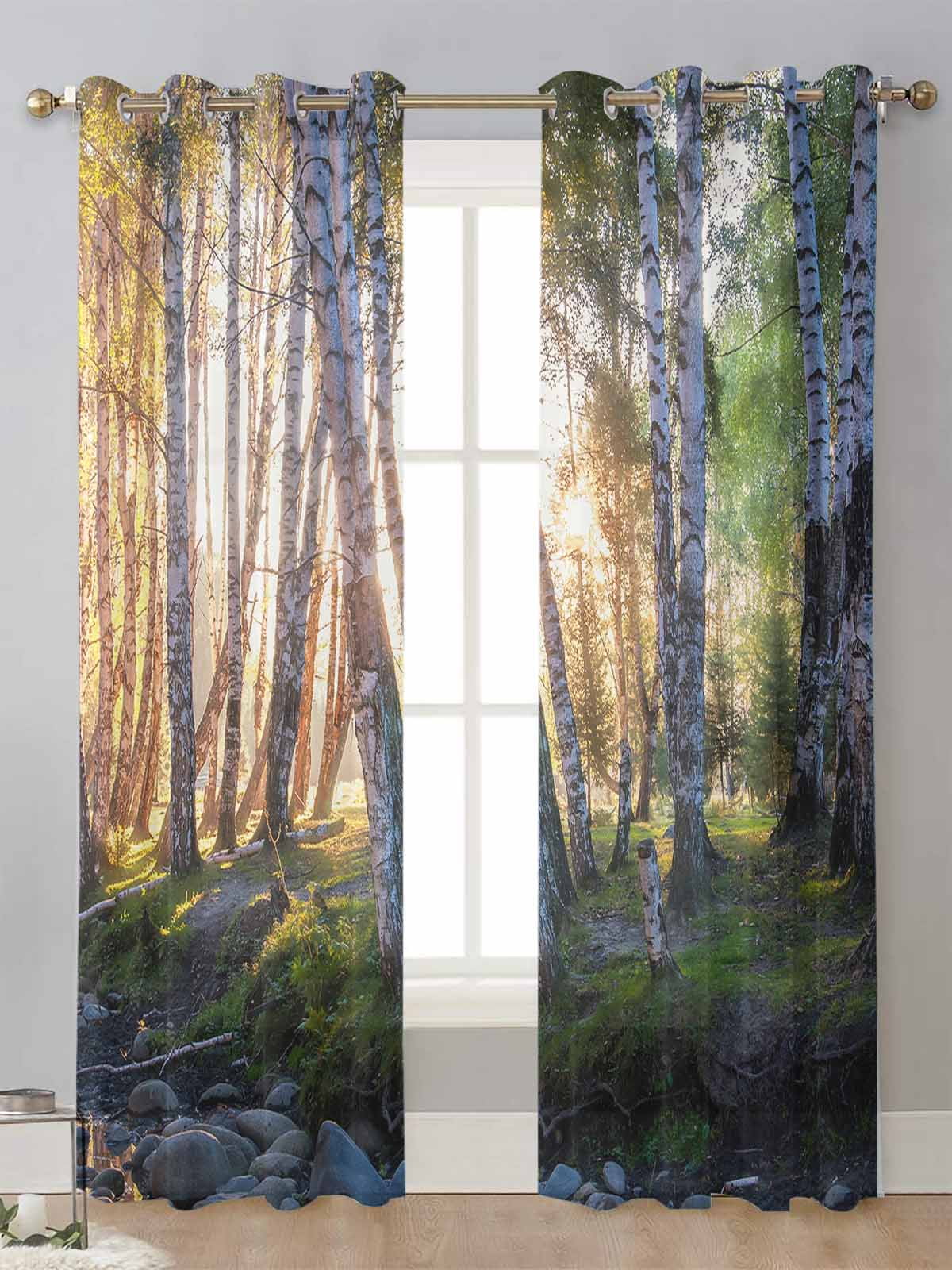 Birch Forest Woods Early Morning Sheer Curtains For Living Room Window ...