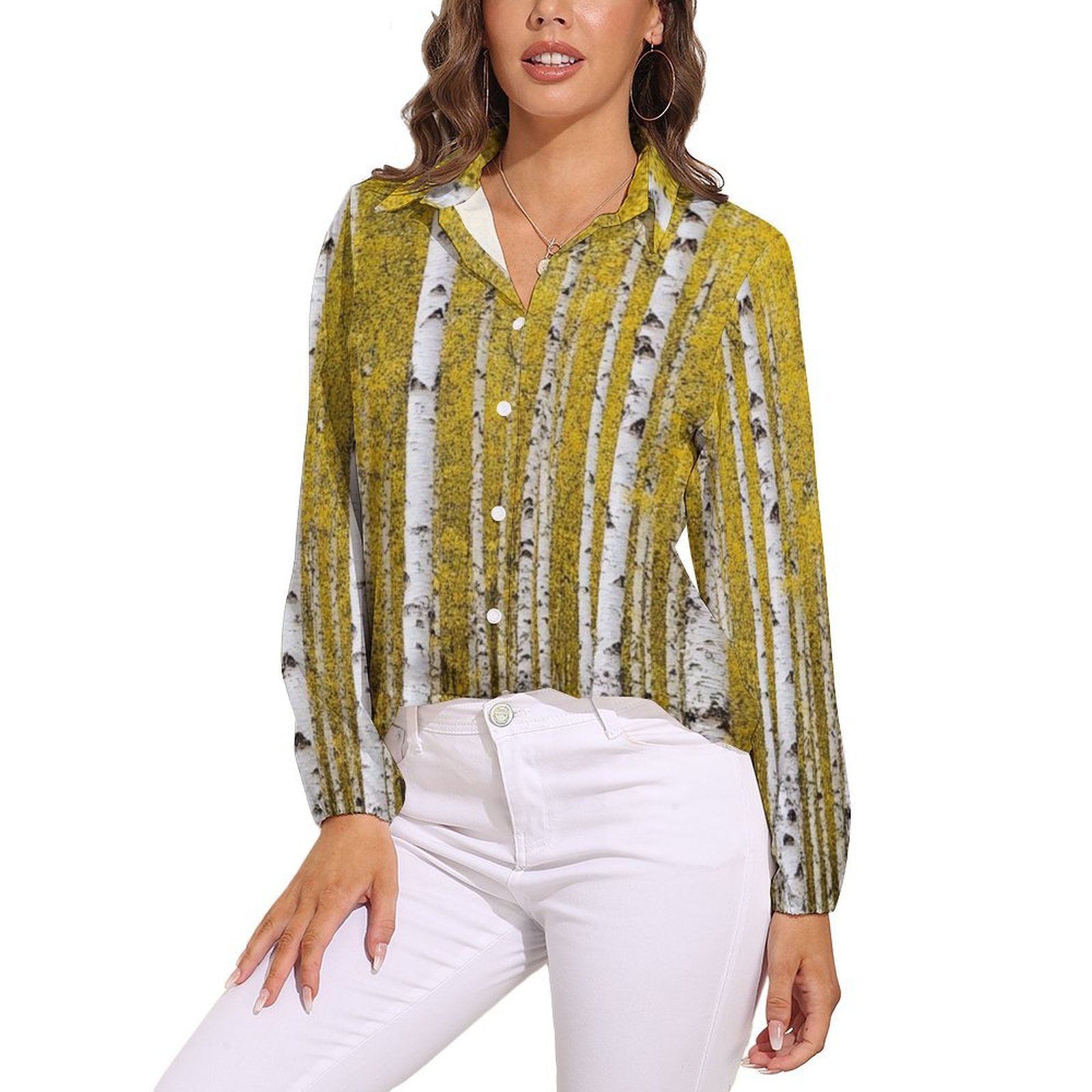 Birch Forest Yellow Vntage Casual Long Sleeve Shirt Blouse Woman ...