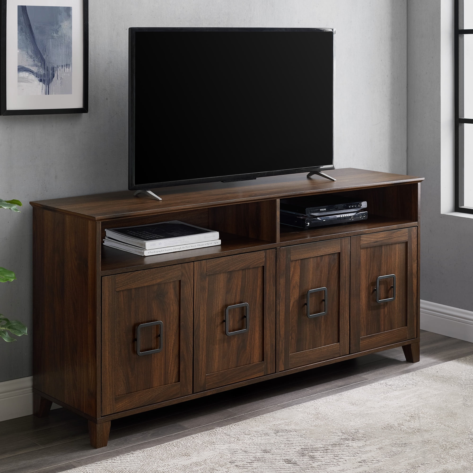 Birch Harbor Sullivan Four Door Dark Walnut TV Stand for TVs up to 65 ...