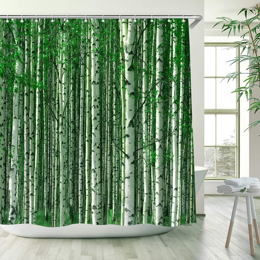 Birch Shower Curtain Branches And Leaves Forest Black White Green And ...