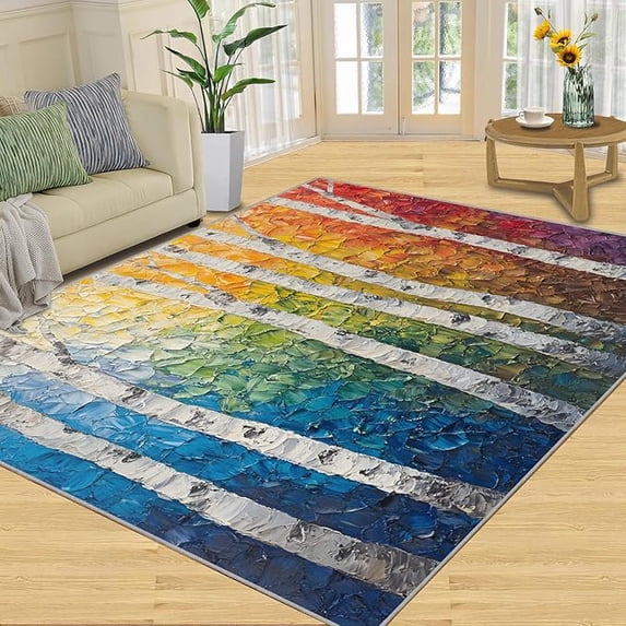 Birch Tree Area Rug, Rainbow Tree Rugs for Living Room, Oil Painting ...