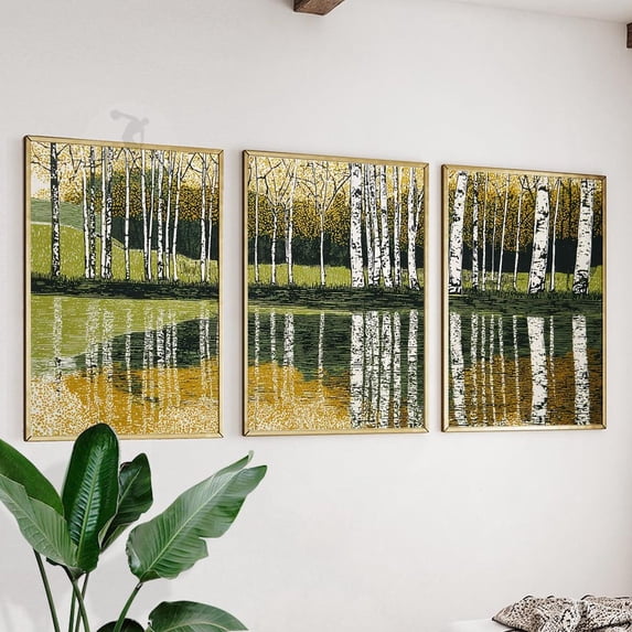 Birch Tree Autumn Golden Lake Reflection Modern Woodland Art Set 3 ...