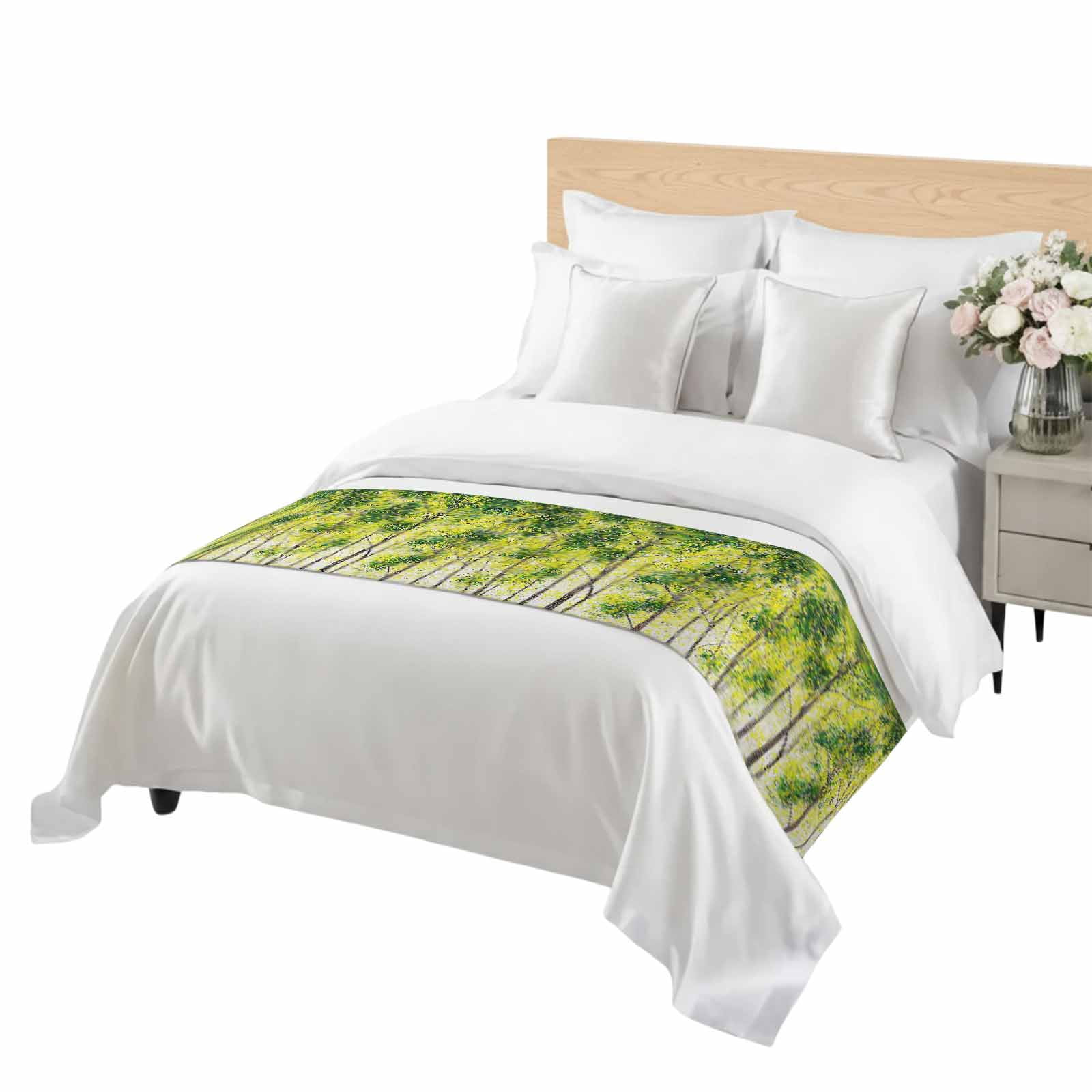 Birch Tree Bed Runner Queen Size Spring Summer Art Forest Yellow Green ...