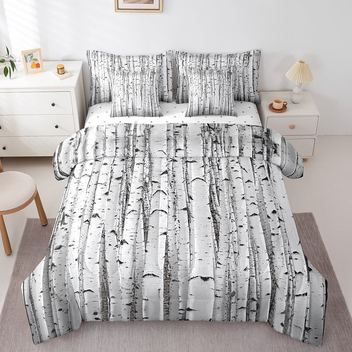 Birch Tree Bedding Set Gary Black Themed King Comforter Cover,Natural ...