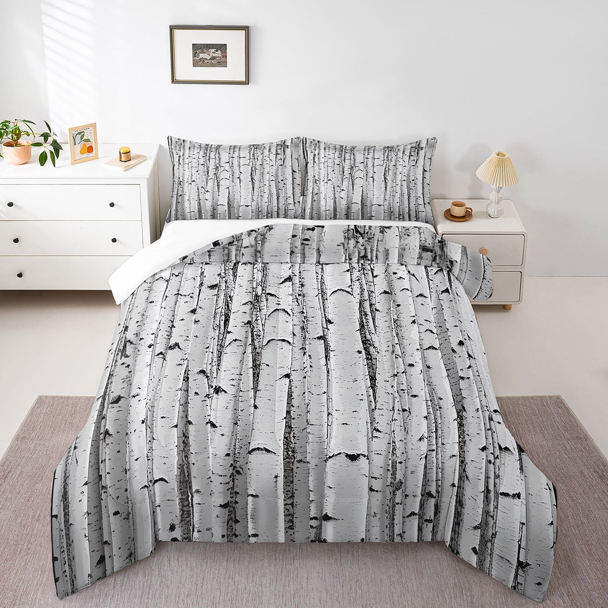 Birch Tree Bedding Set Gary Black Themed Toddler Comforter Set,Natural ...