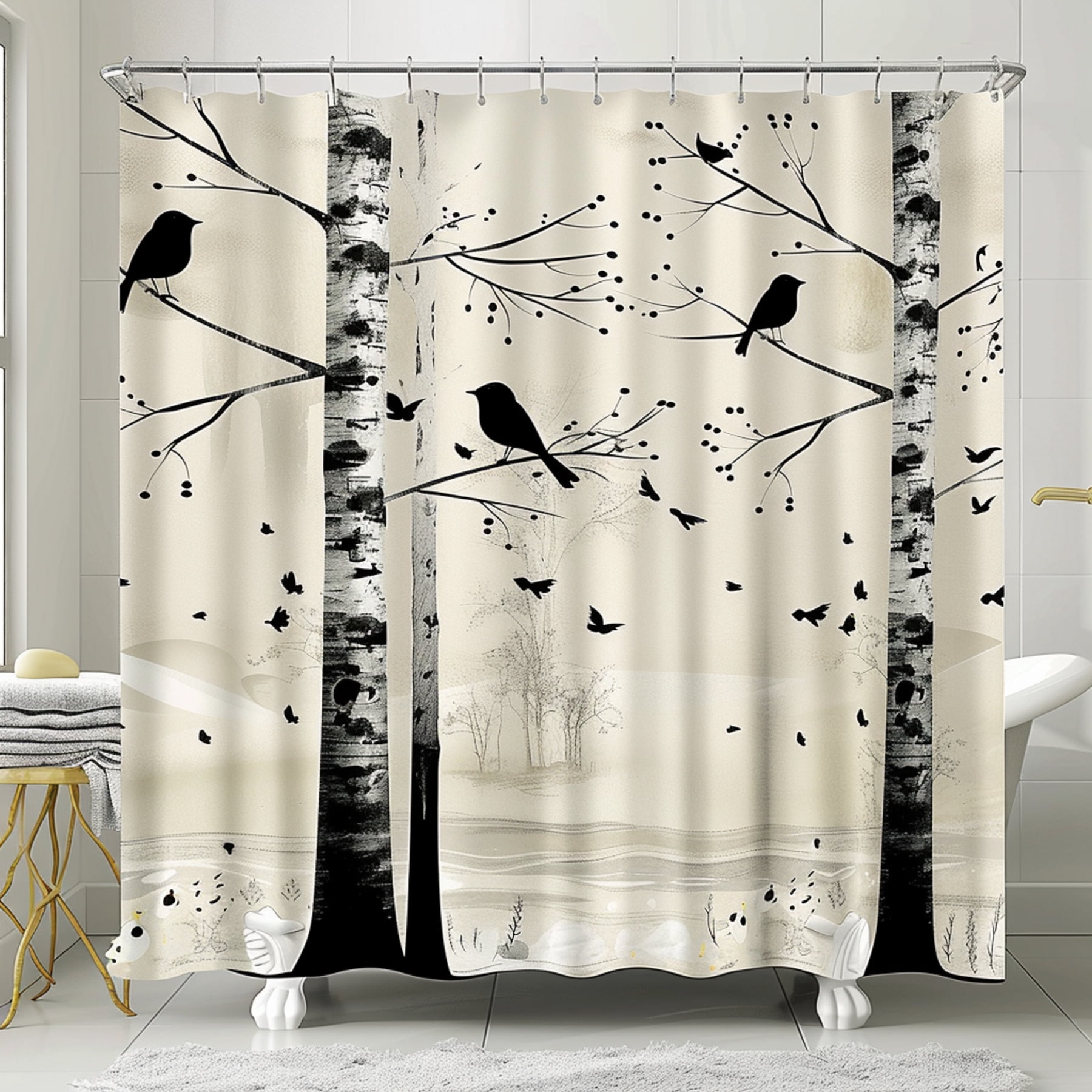 Birch Tree Birds Bathroom Curtain Black White Grey Cream Beige Cartoon ...