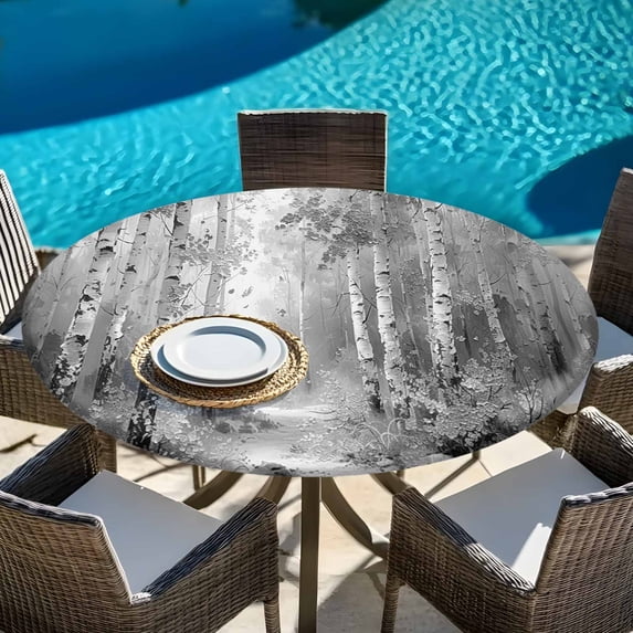 Birch Tree Black White Forest Round Fitted Tablecloth with Elastic Edge ...